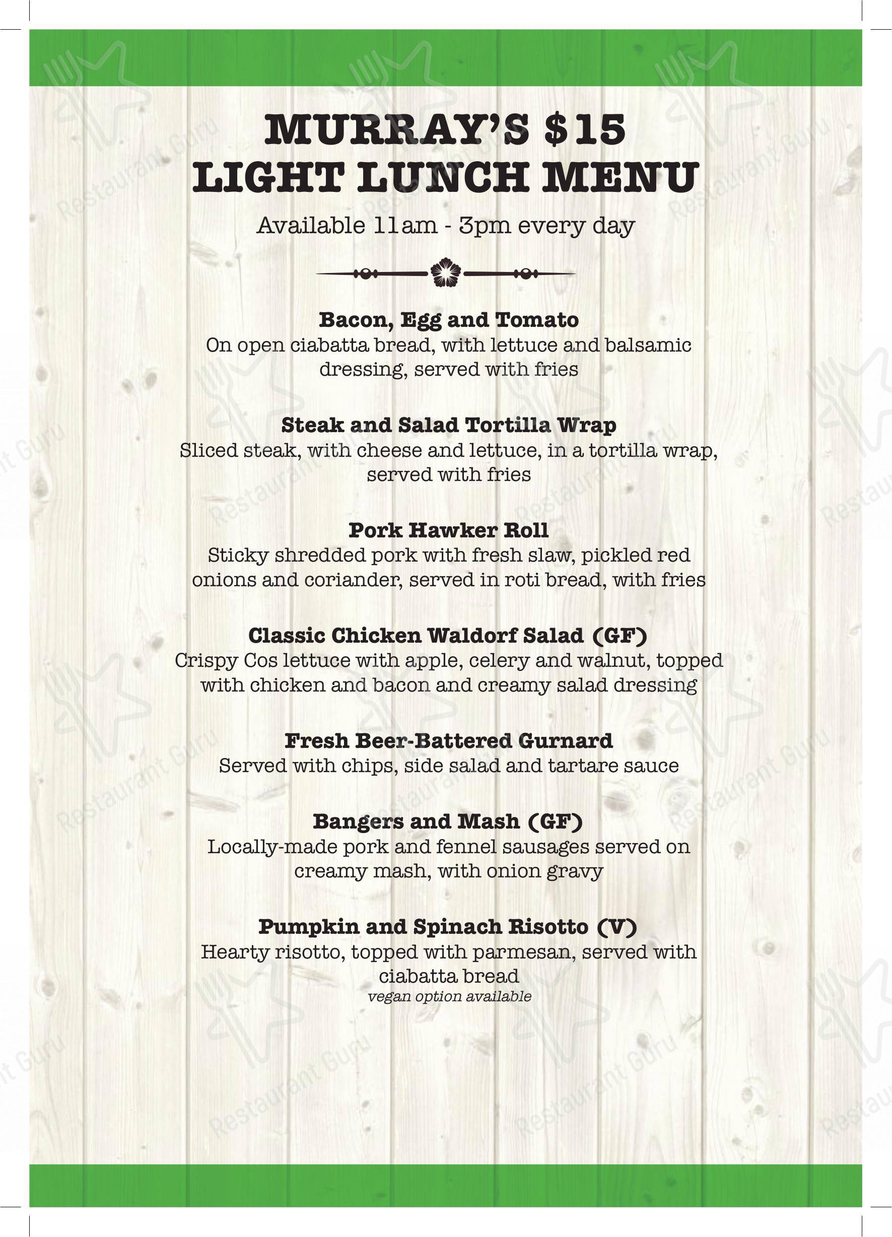 Menu at Murray's Irish Bar, Feilding