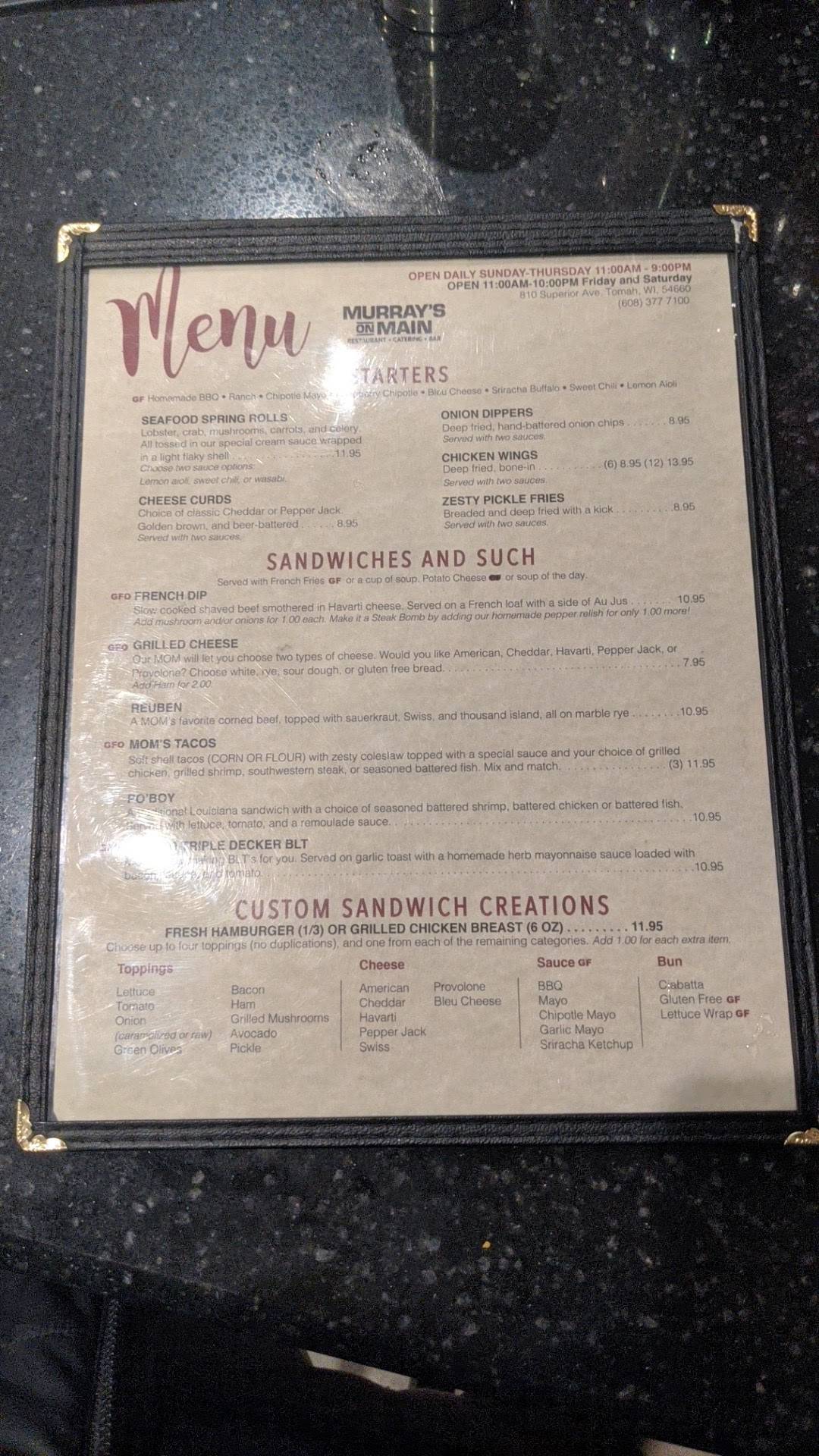 Menu at Murray's on Main pub & bar, Tomah