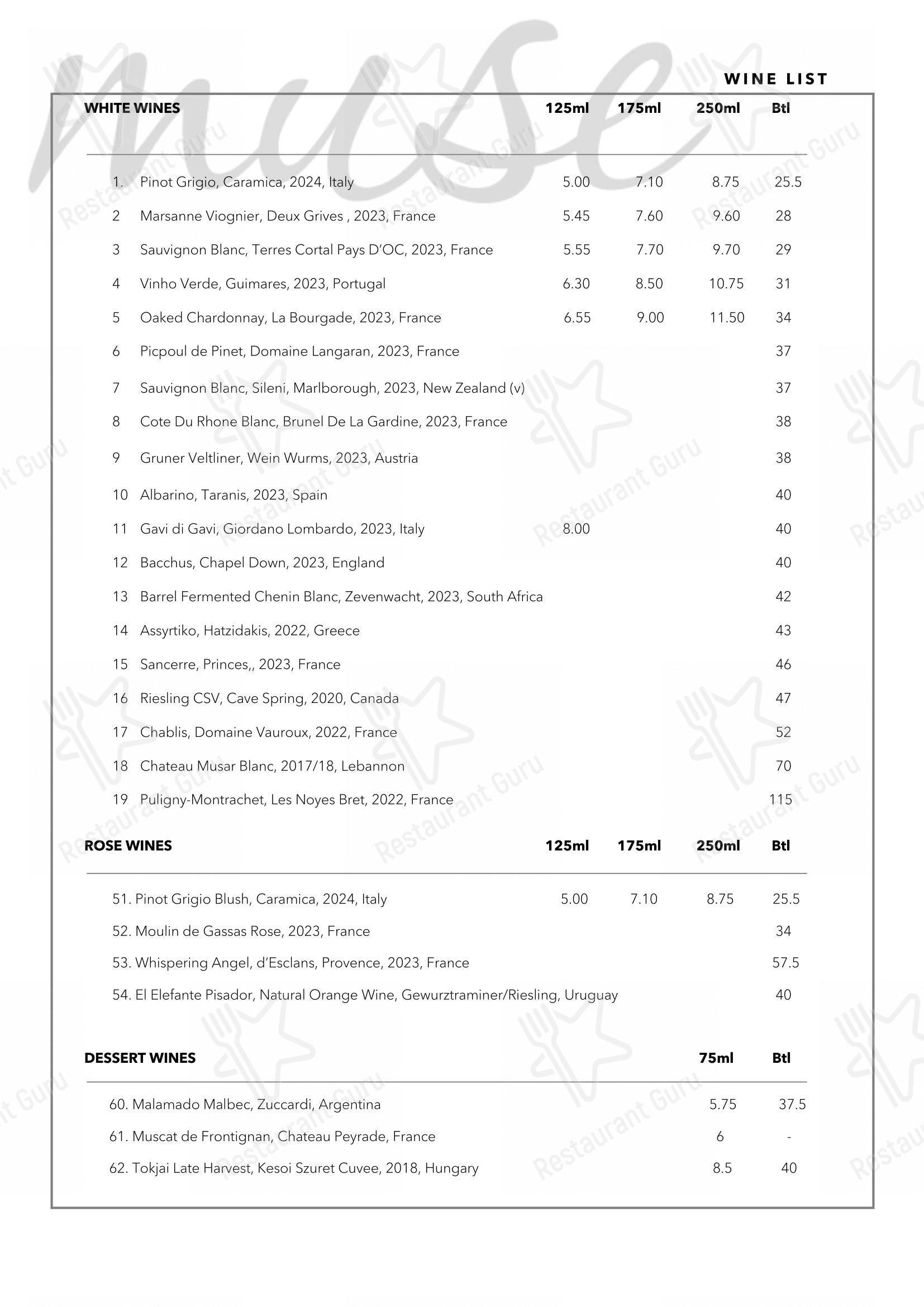 Menu at Muse restaurant, Yarm