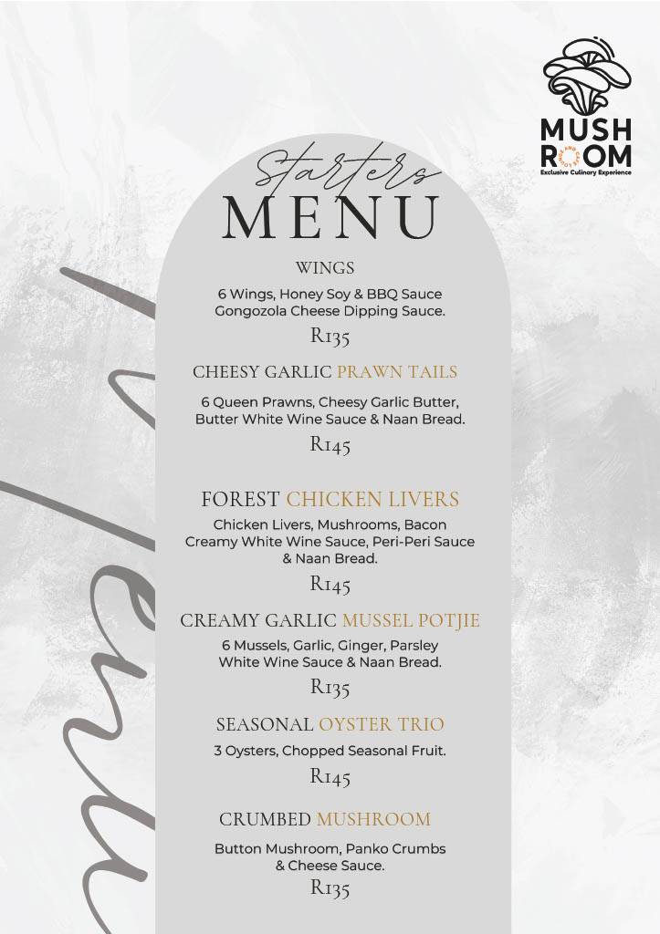 Menu at Mushroom Lounge and Café restaurant, Umhlanga