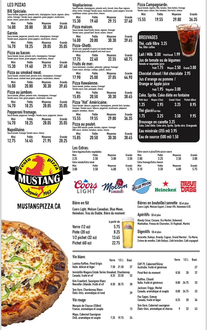 Menu au Mustang Pizza pizzeria, Levis
