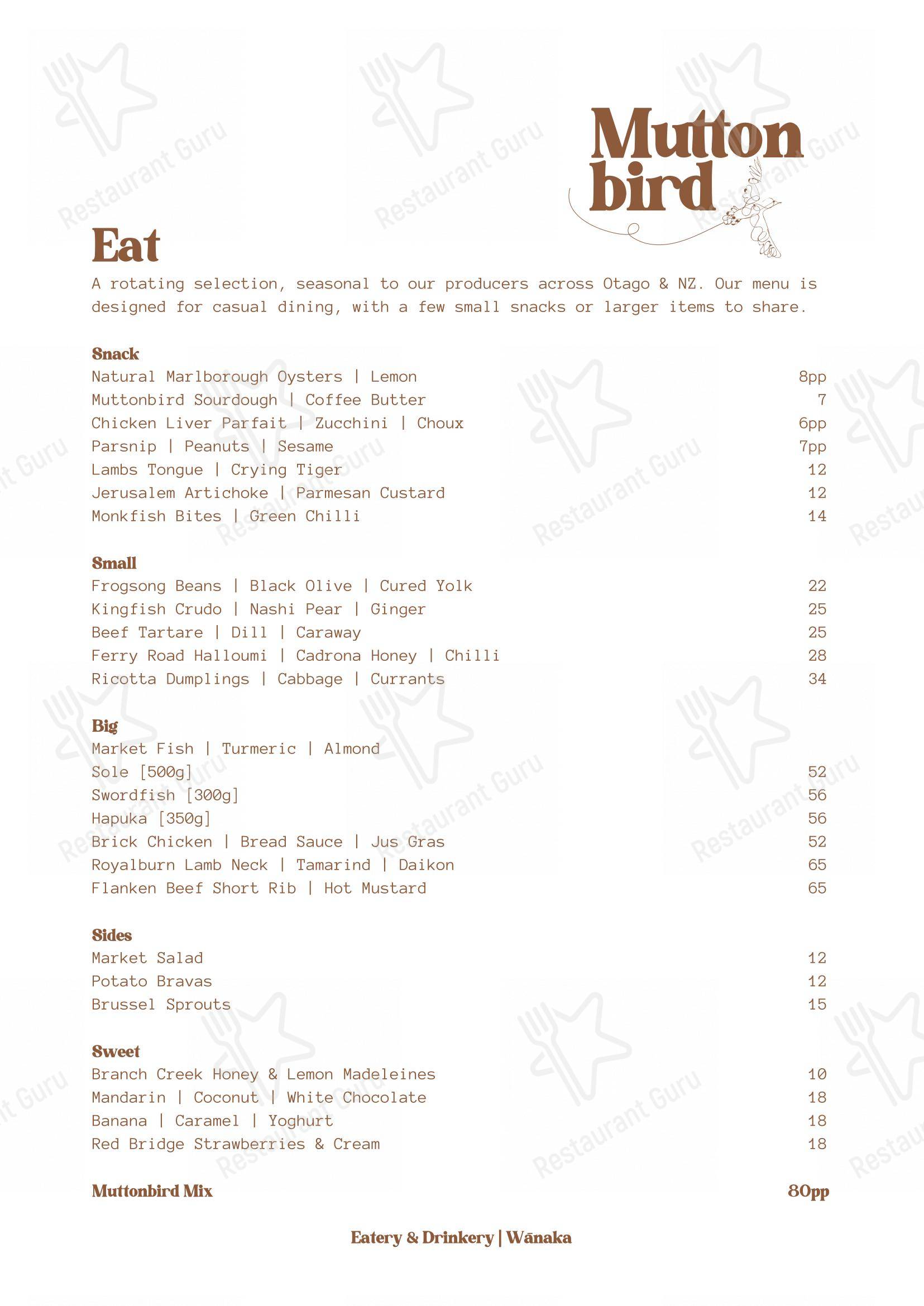 Menu at Muttonbird restaurant, Wanaka