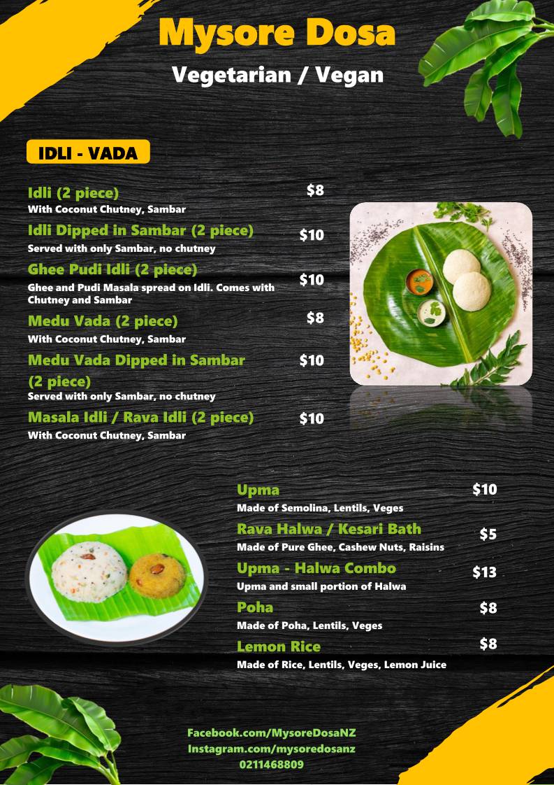 Menu at Mysore Dosa restaurant, Auckland