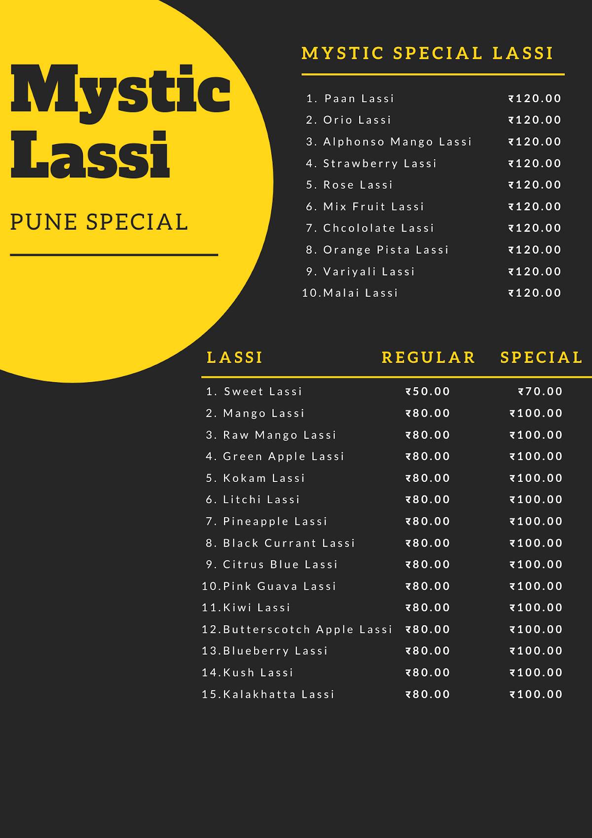 Menu at Mystic Misal and Paratha, Pune