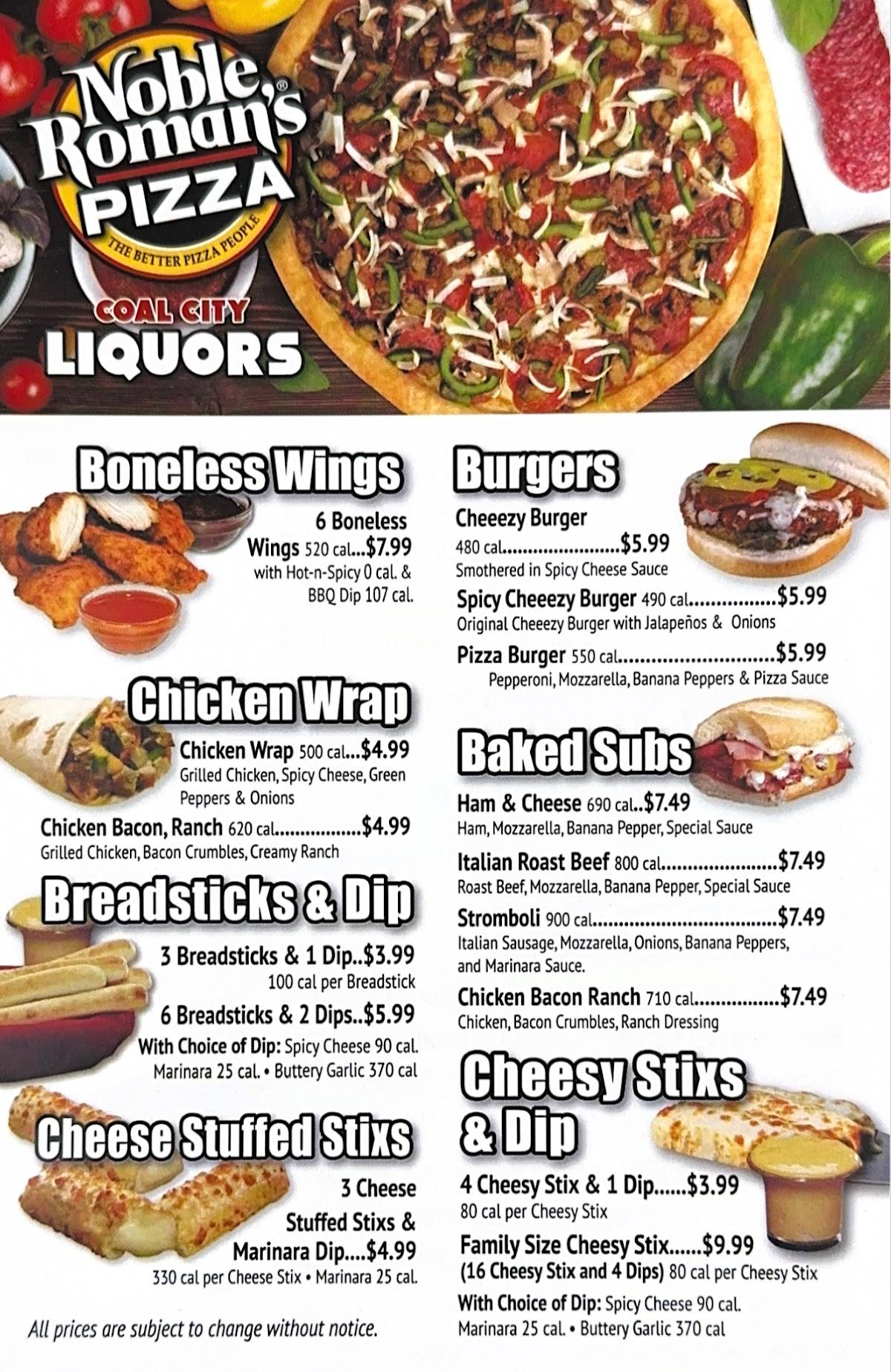 Menu at NOBLE ROMAN’S PIZZA restaurant, Coal City