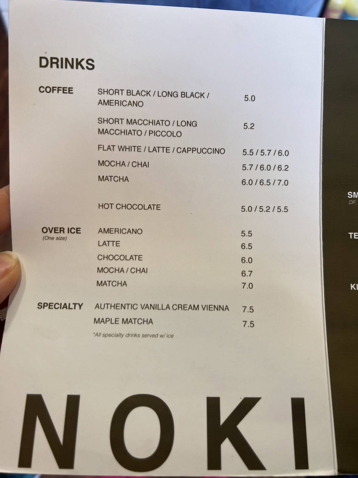 Menu at NOKI cafe, Christchurch