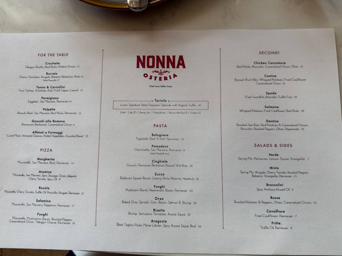 Menu at NONNA Osteria - 1604 pub & bar, San Antonio