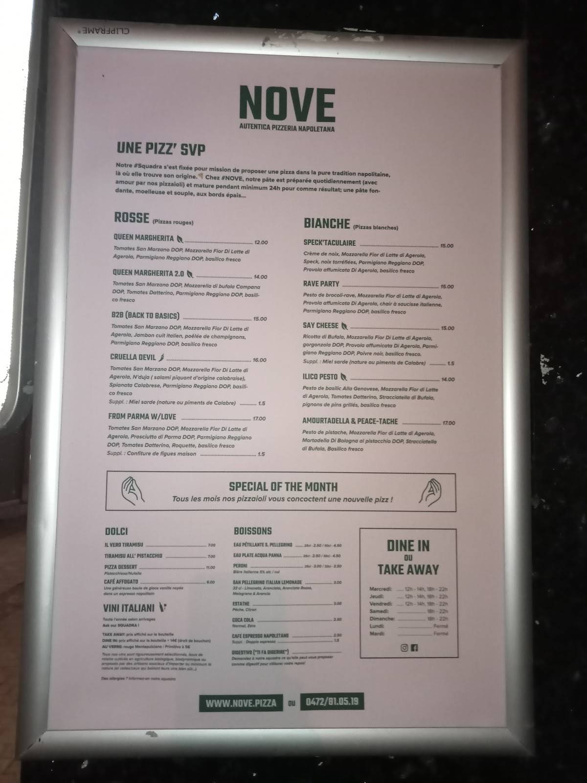 Menu au NOVE Pizzeria Napoletana, Huy