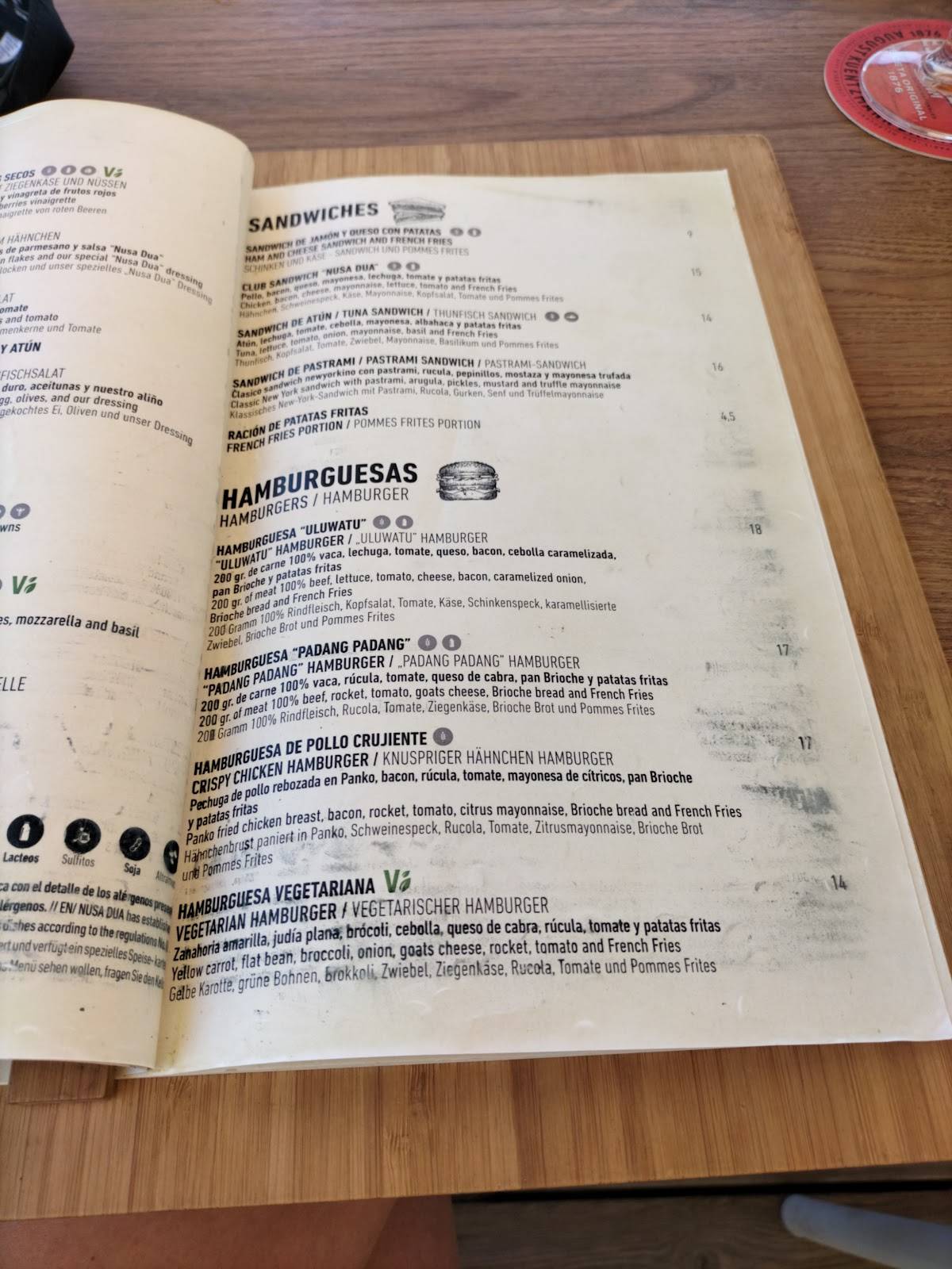 Menu at NUSA DUA BEACH CLUB, Can Picafort