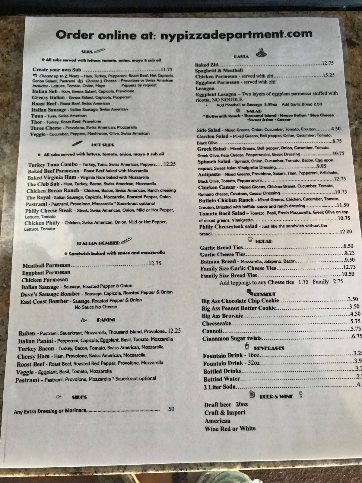 Menu at NYPD New York Pizza Department pub & bar, Tucson