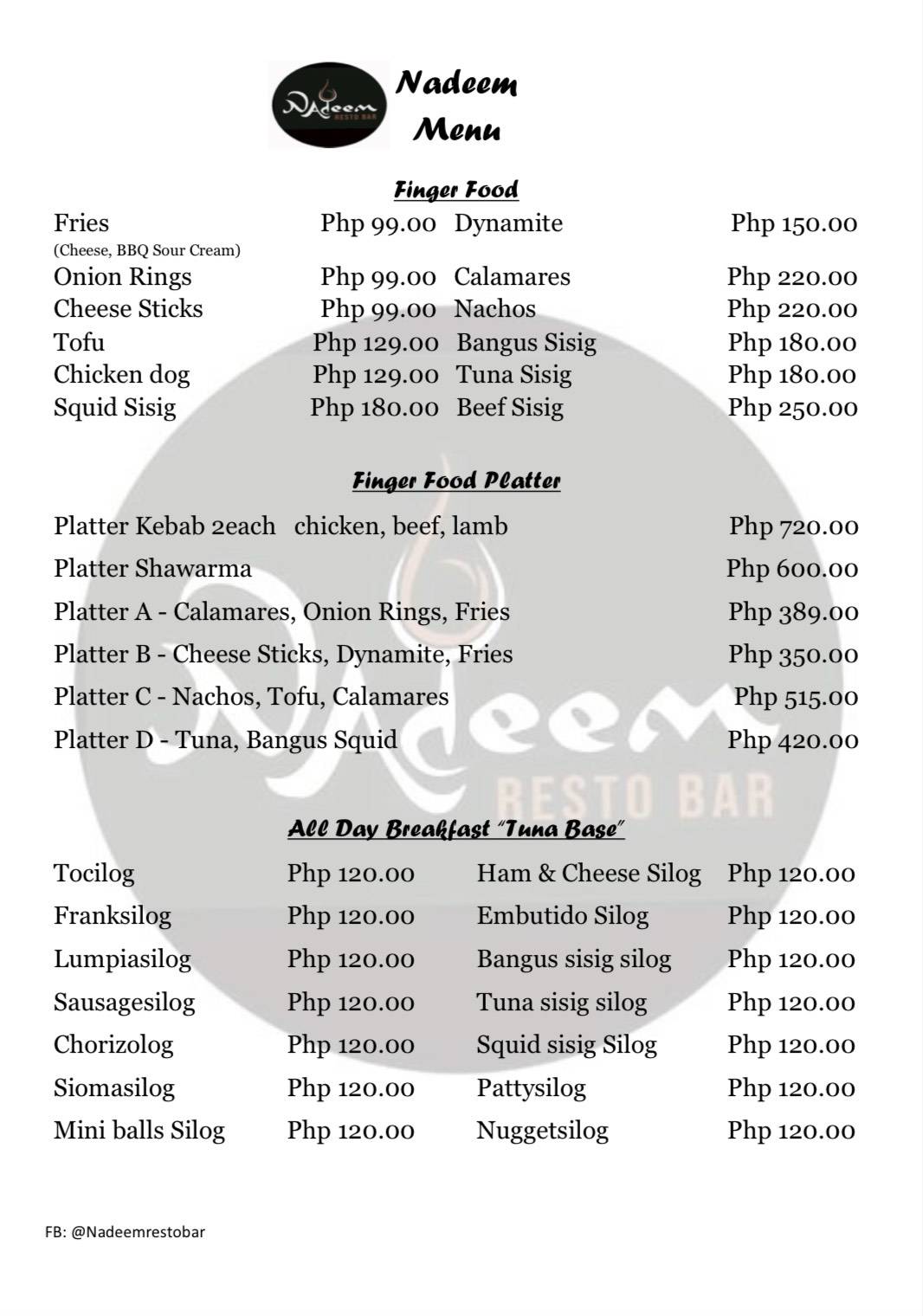 Menu at Nadeem Resto Bar, Cainta, A. Bonifacio Avenue cor. L. Santos St ...
