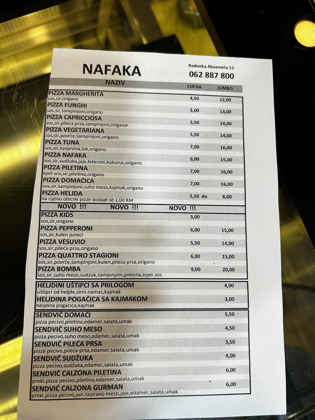 Menu at Nafaka restaurant, Sarajevo, Radenka Abazovića 11