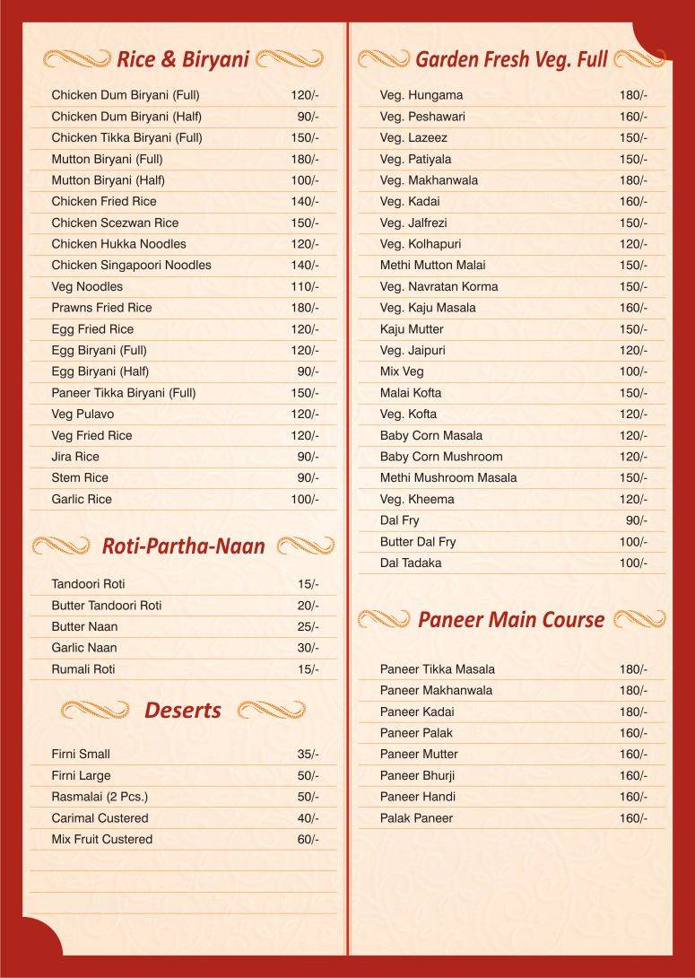 Menu at Arabian Tandoor, Nagpur