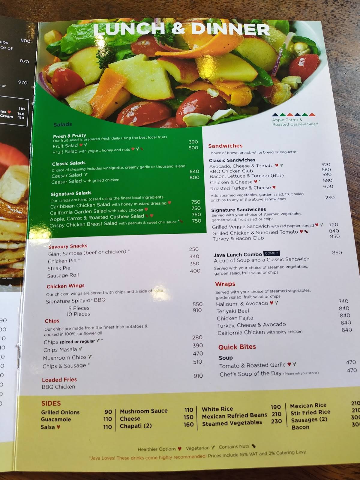 Menu at Java House Parklands cafe, Nairobi, PRR9+9FG