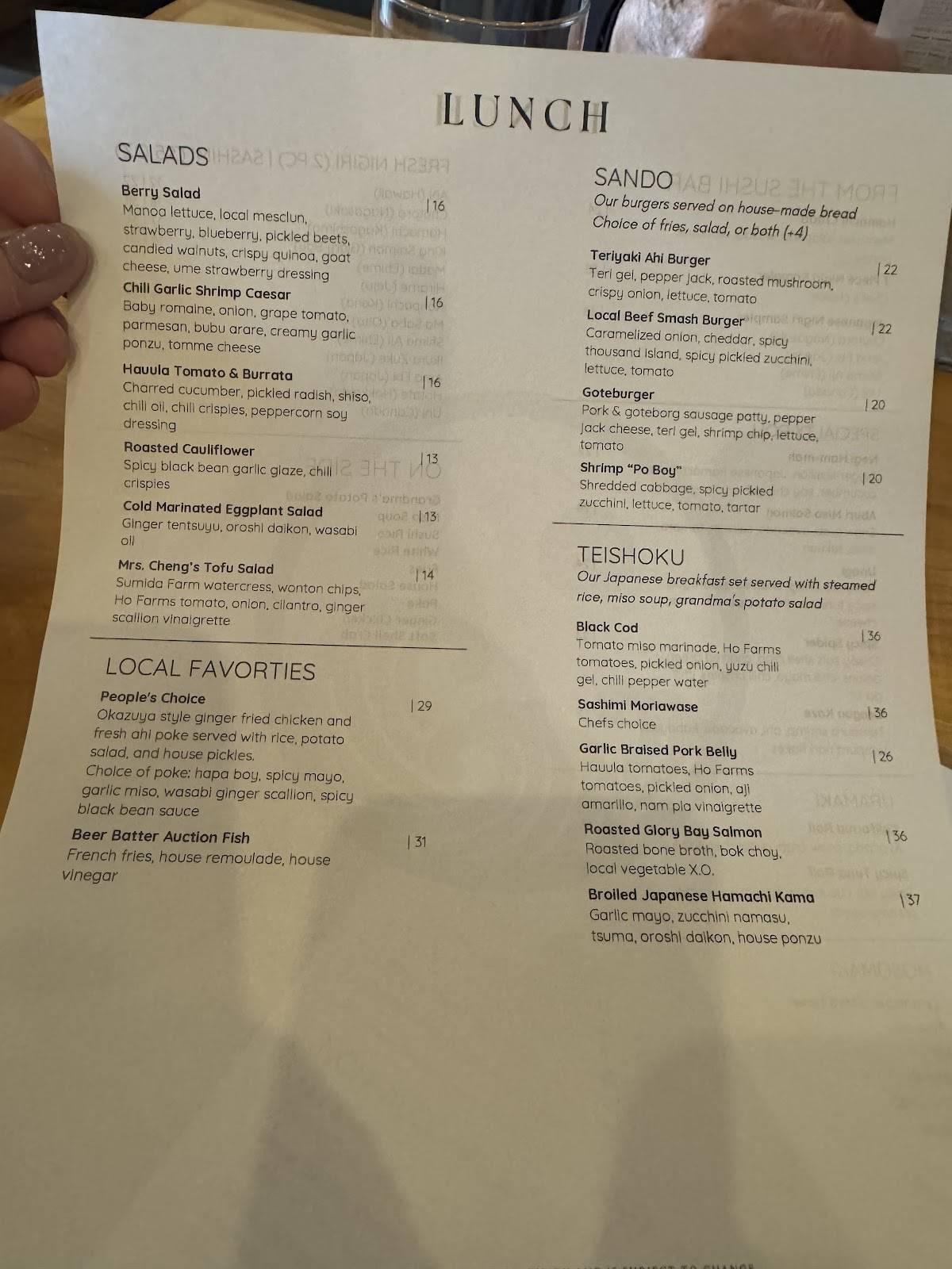 Menu at Nami Kaze Hawaii restaurant, Honolulu