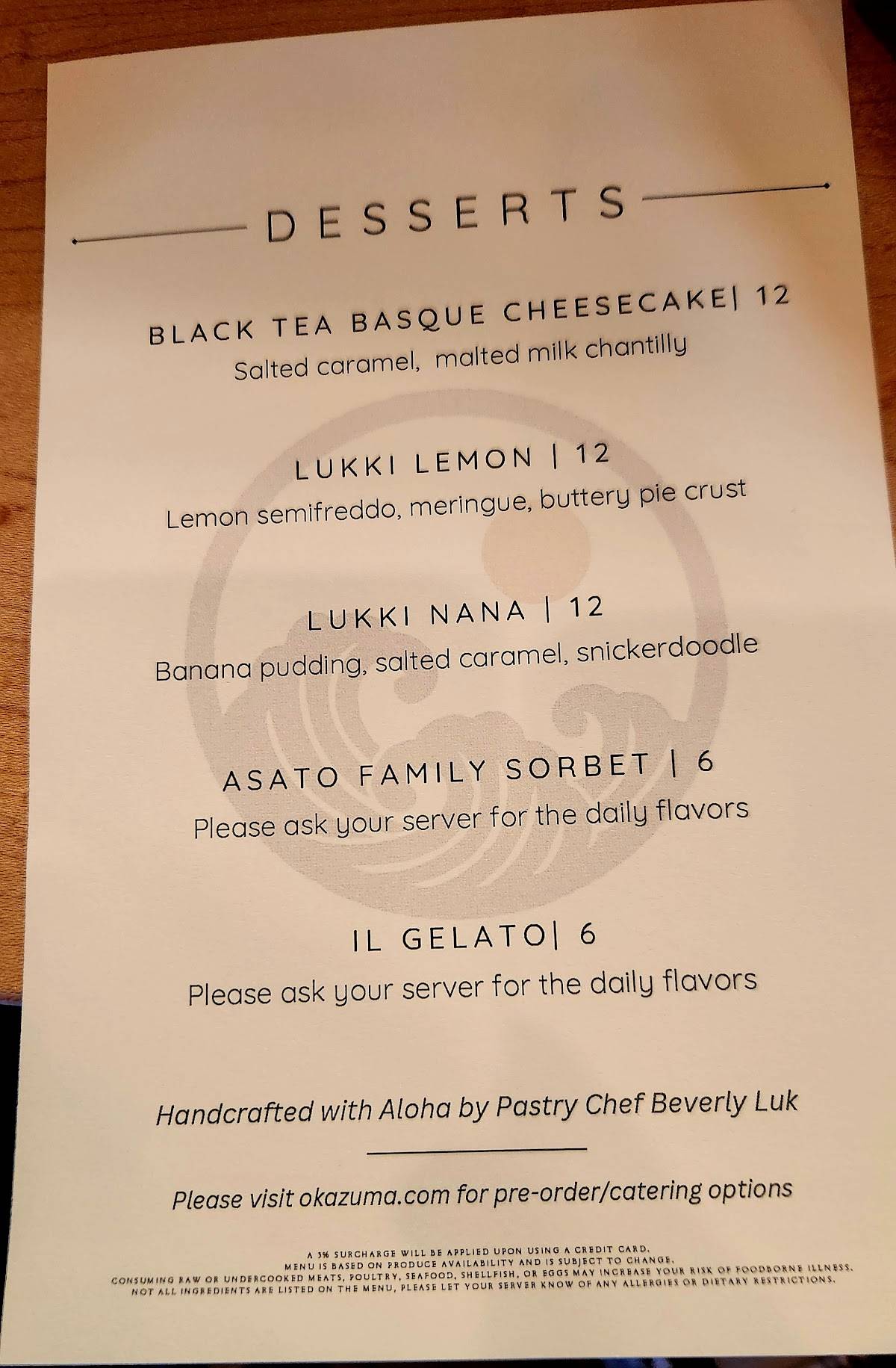 Menu at Nami Kaze Hawaii restaurant, Honolulu