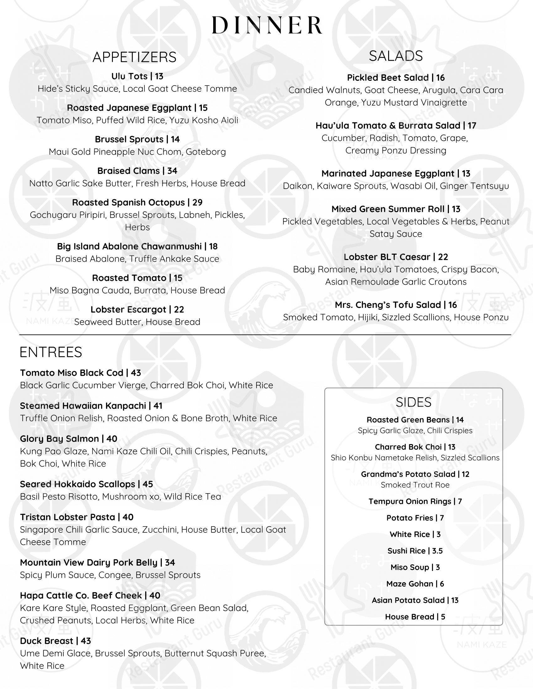 Menu at Nami Kaze Hawaii restaurant, Honolulu