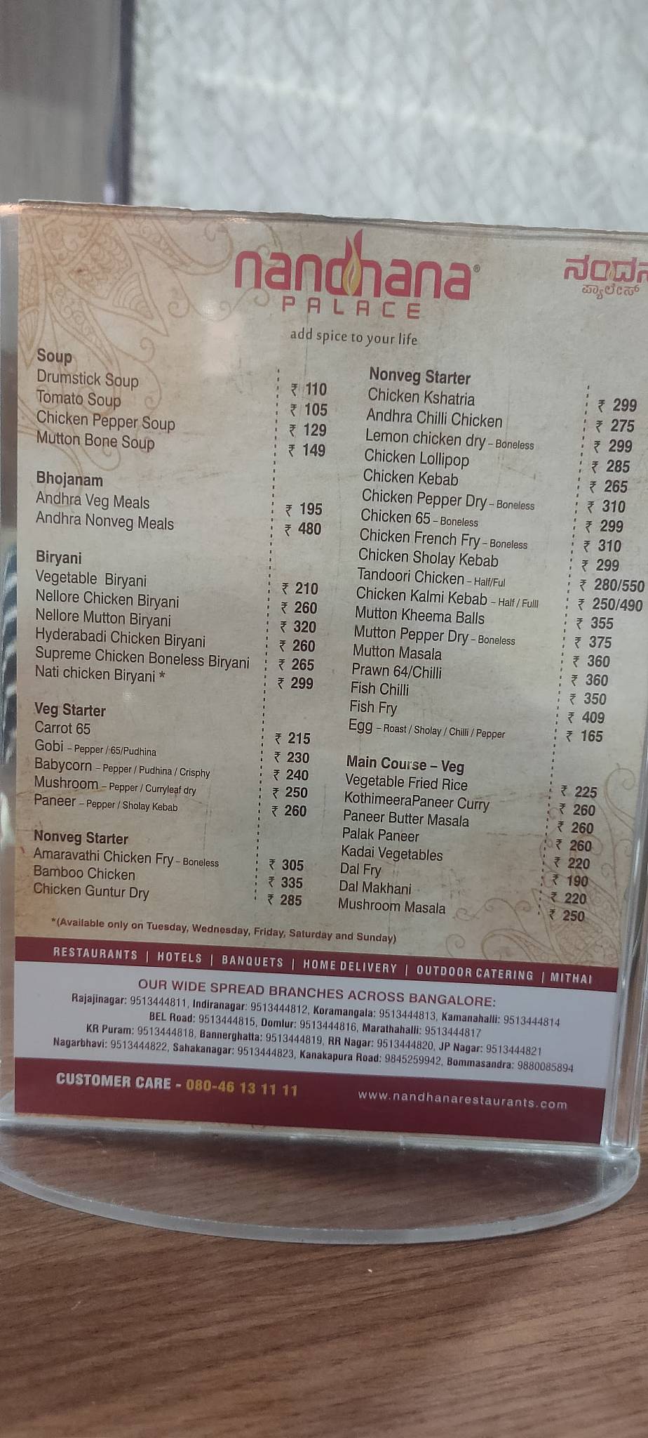 Menu at Nandhana Palace - Andhra Style - New Bel Road, Bengaluru, First ...