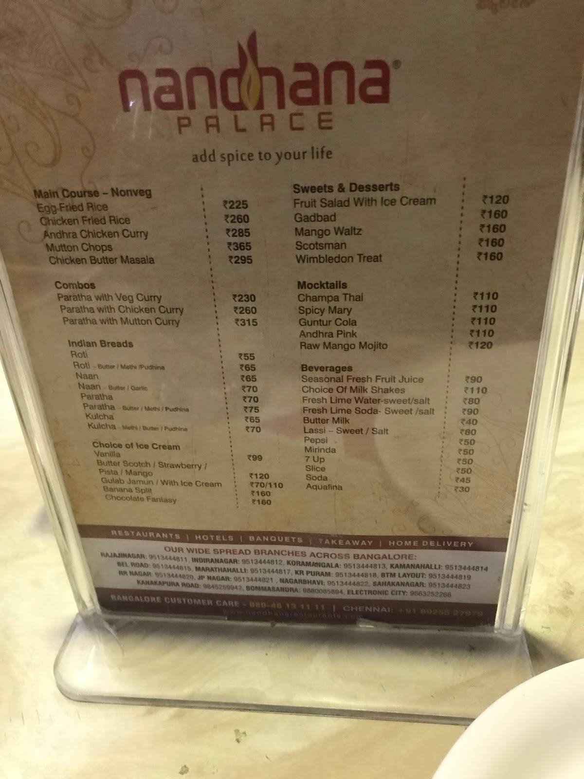 Menu at Nandhana Palace - Andhra Style - New Bel Road, Bengaluru, First ...
