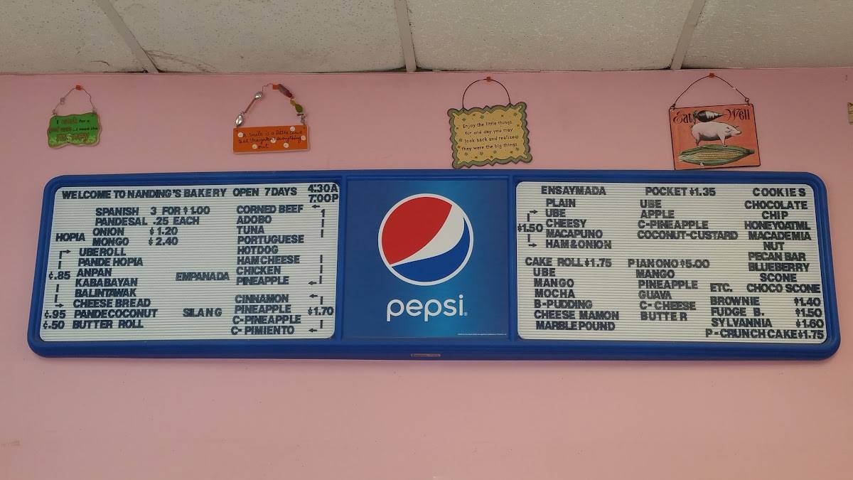 Menu at Nanding's Bakery, Waipahu