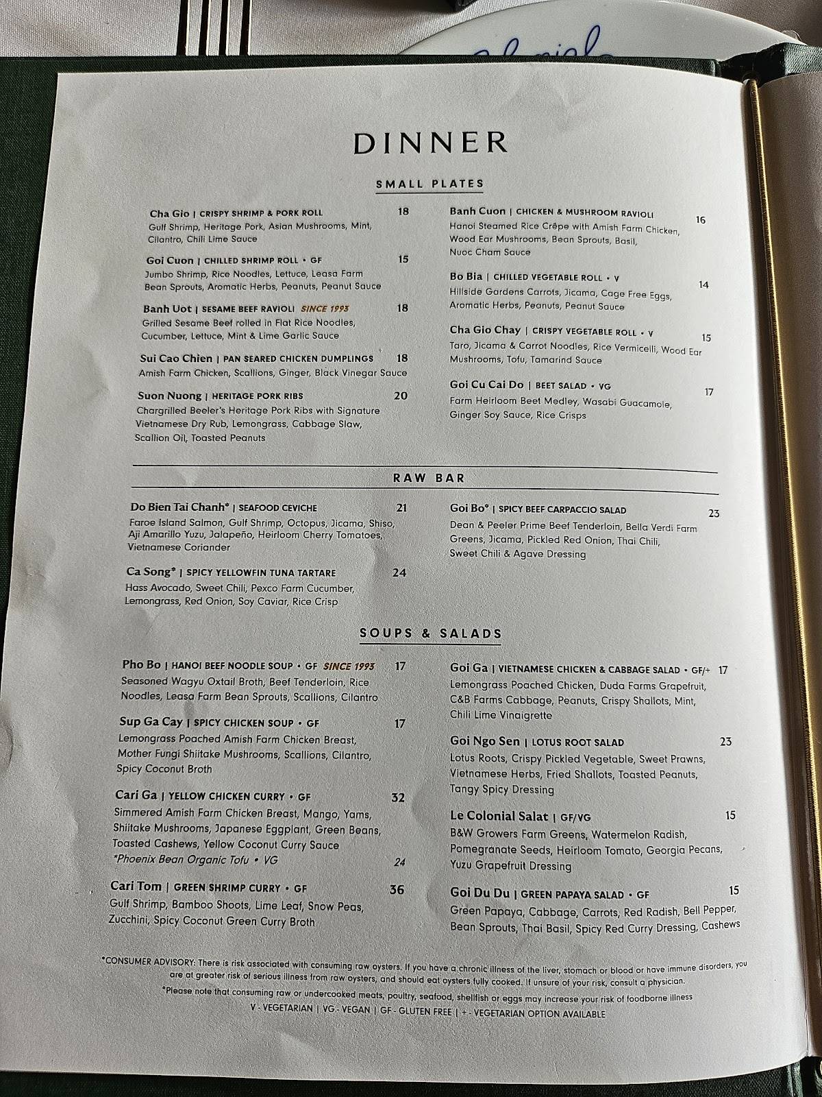 Menu at Le Colonial Naples restaurant, Naples