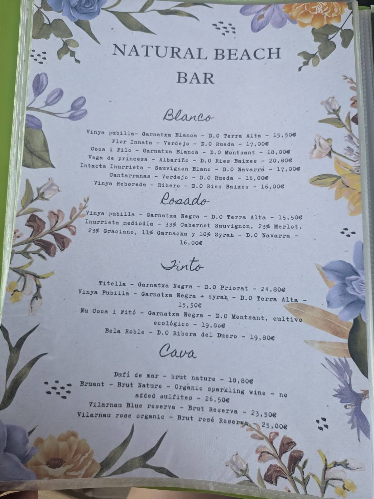 Menu at Natural Beach Bar, Miami Platja