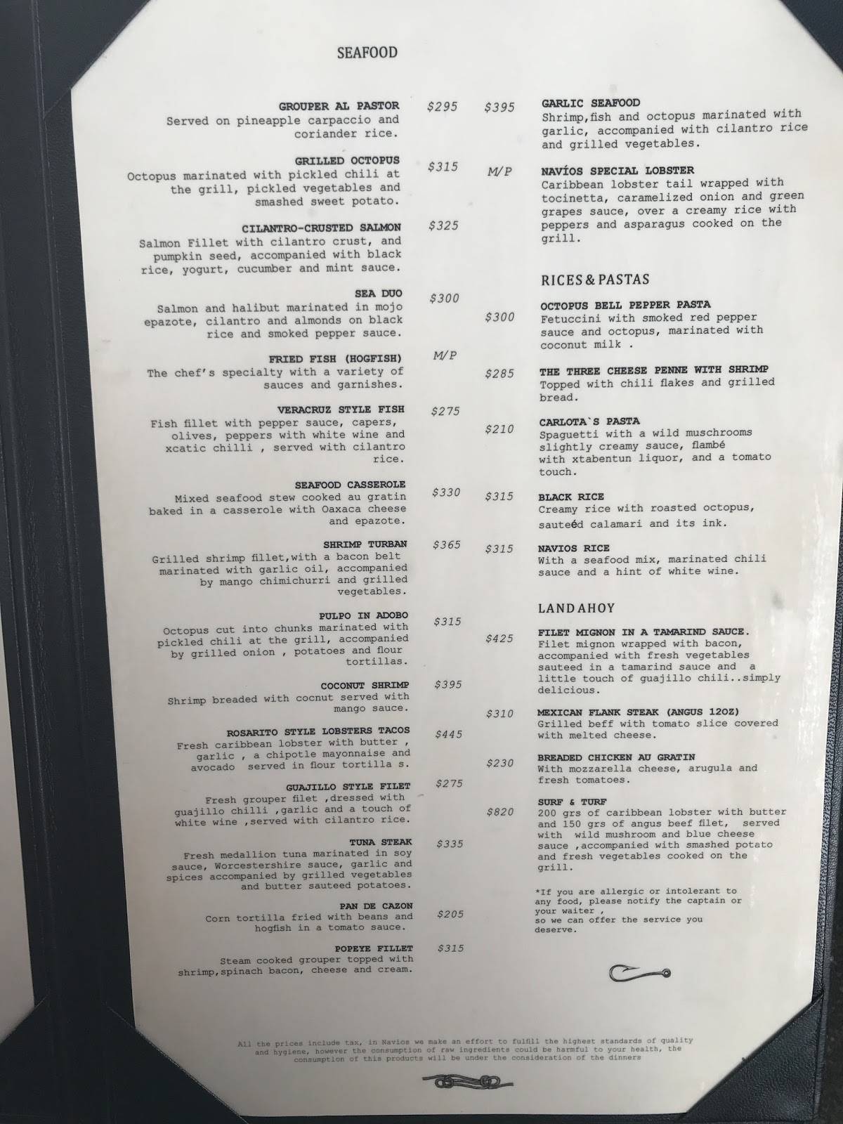 Menu at Navíos restaurant, Cancún