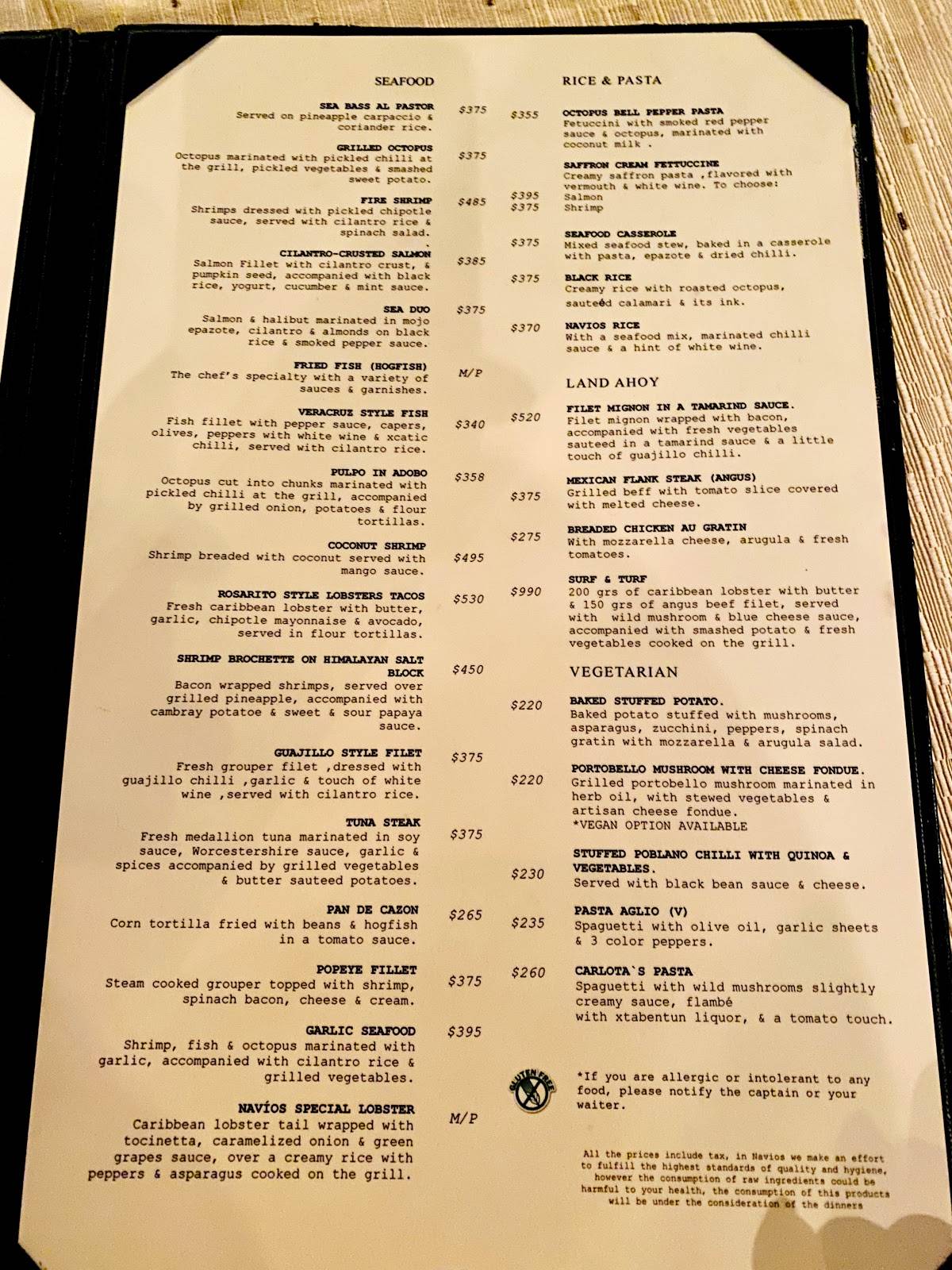Menu at Navíos restaurant, Cancún