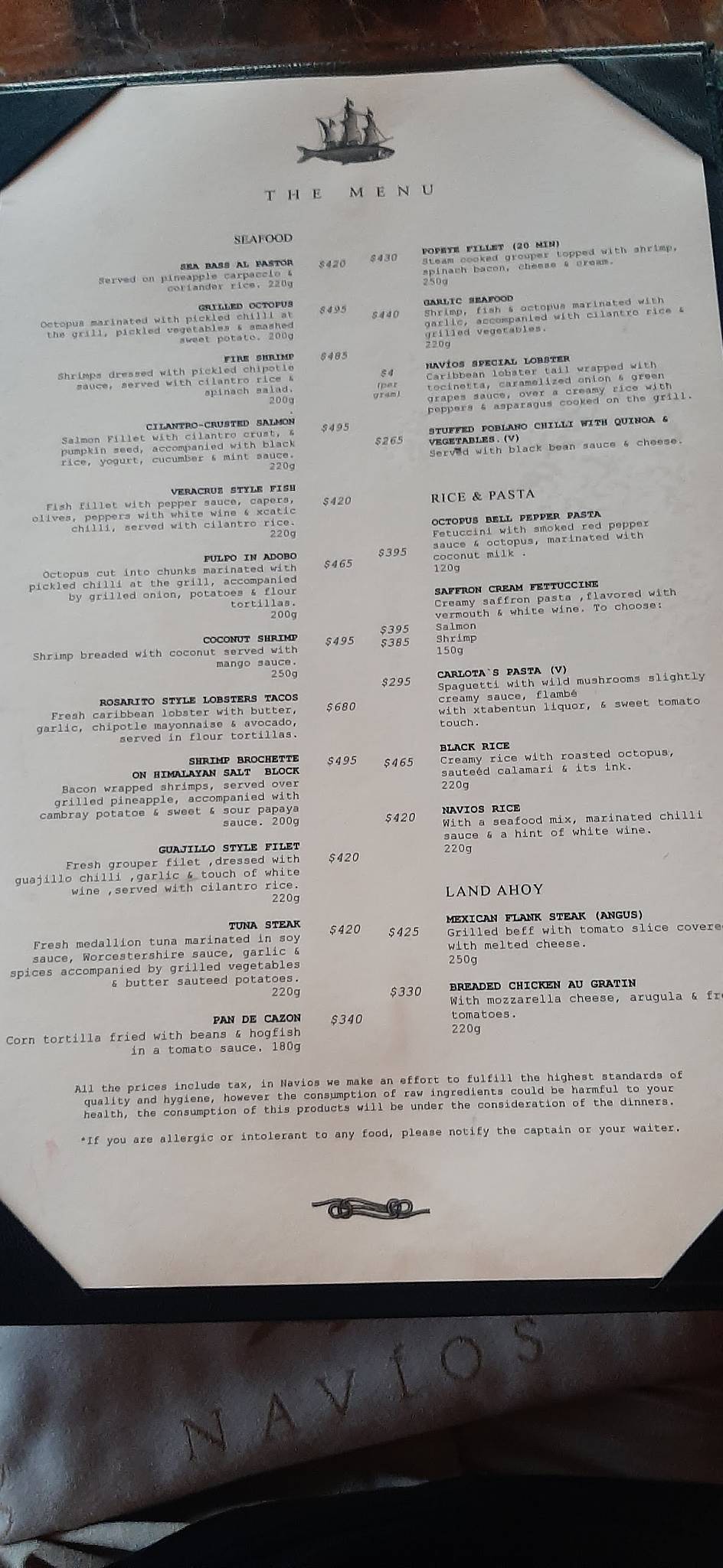 Menu at Navíos restaurant, Cancún