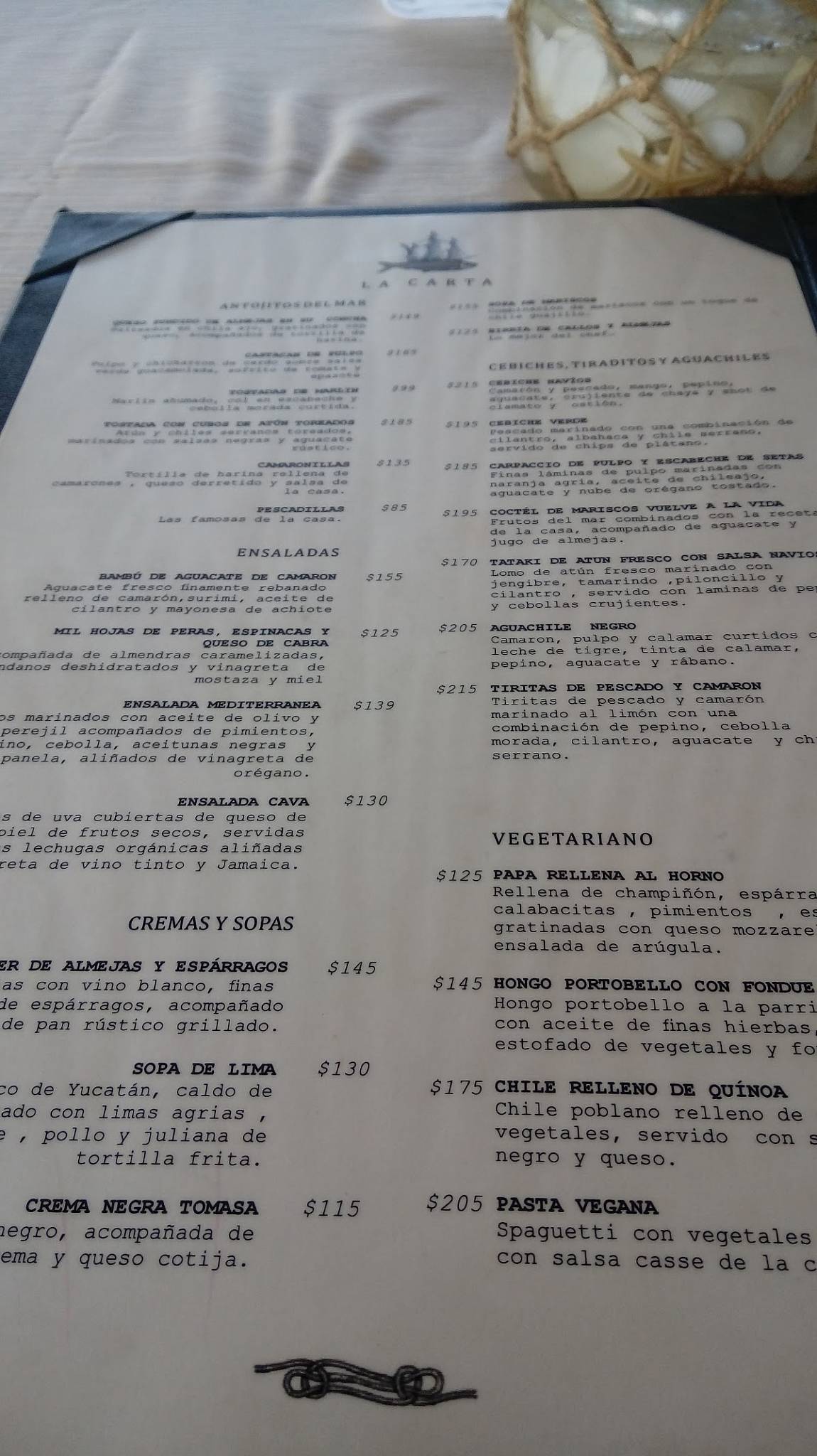 Menu at Navíos restaurant, Cancún