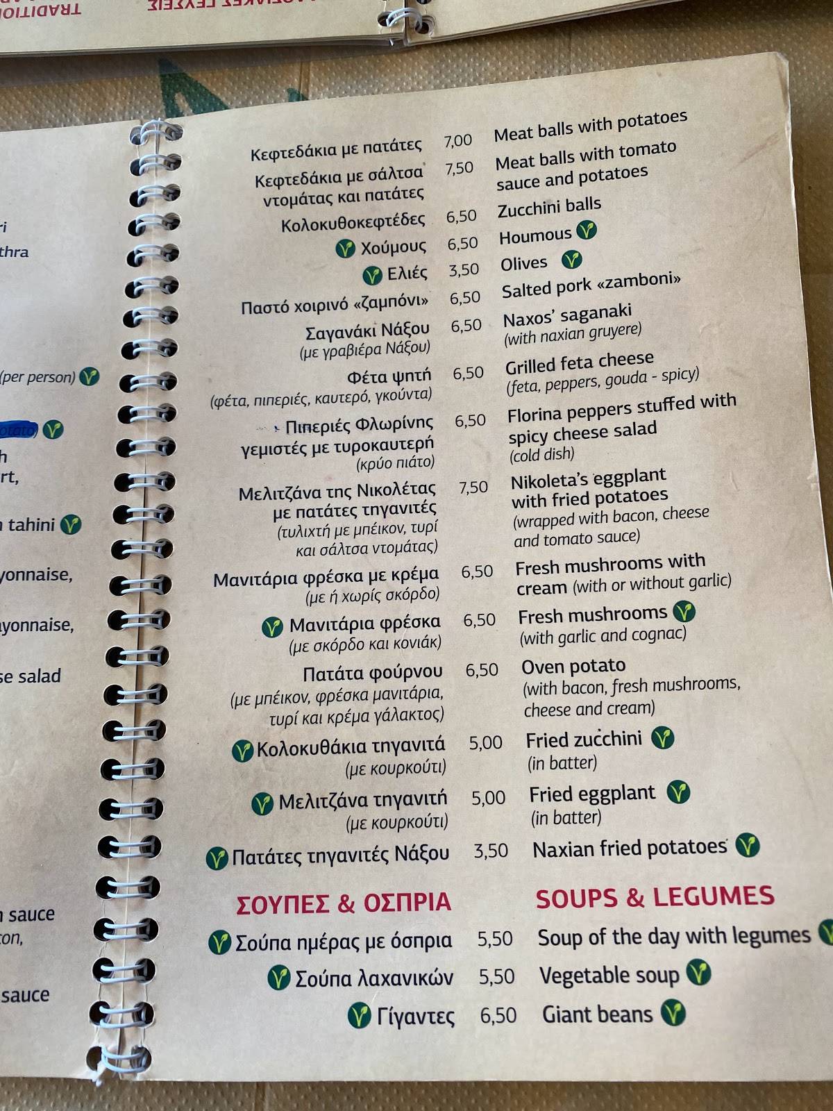 Menu at Maro's taverna, Naxos