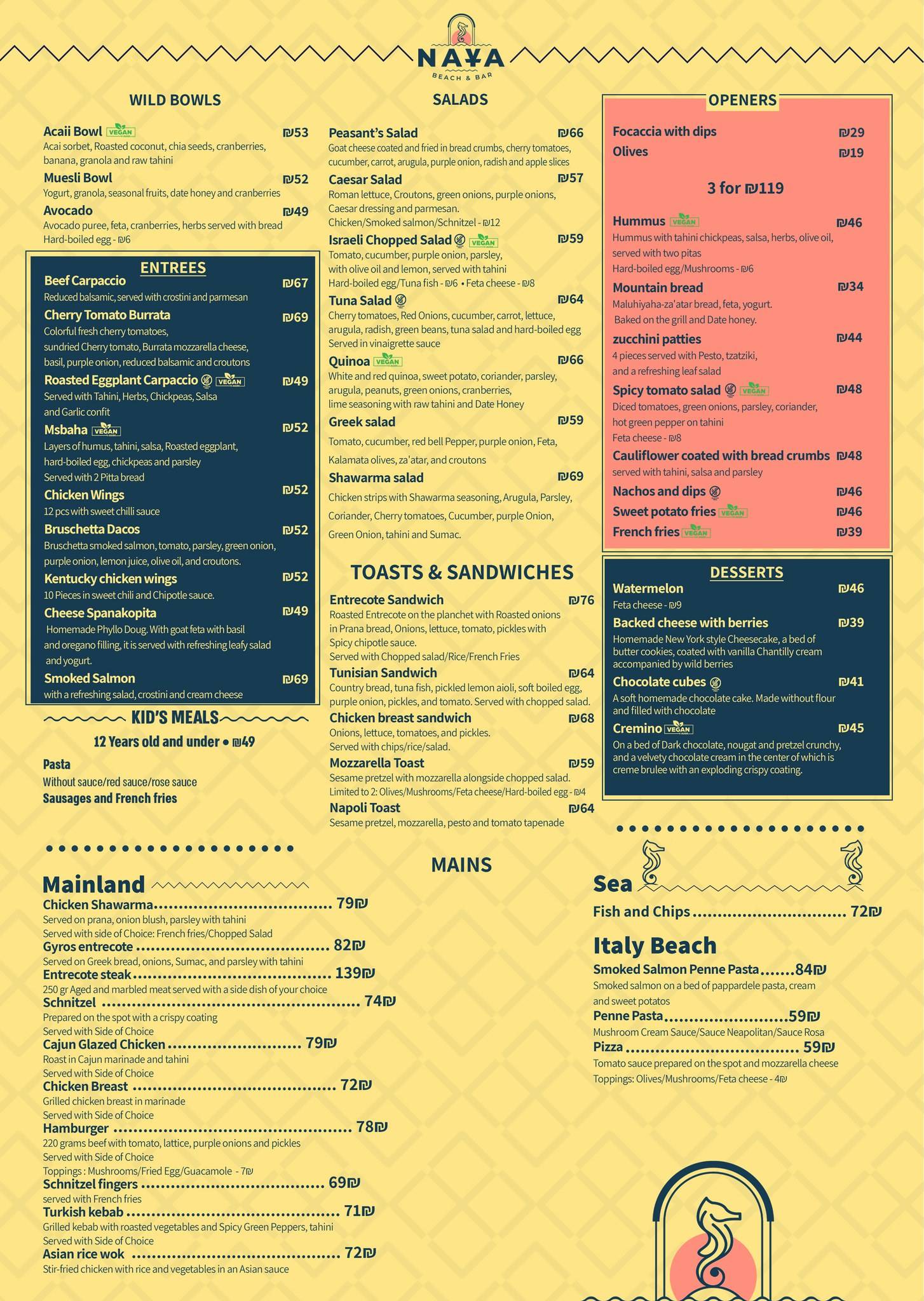 Carta de נאיה ביץ׳ בר - Naya Beach & Bar, Herzliya
