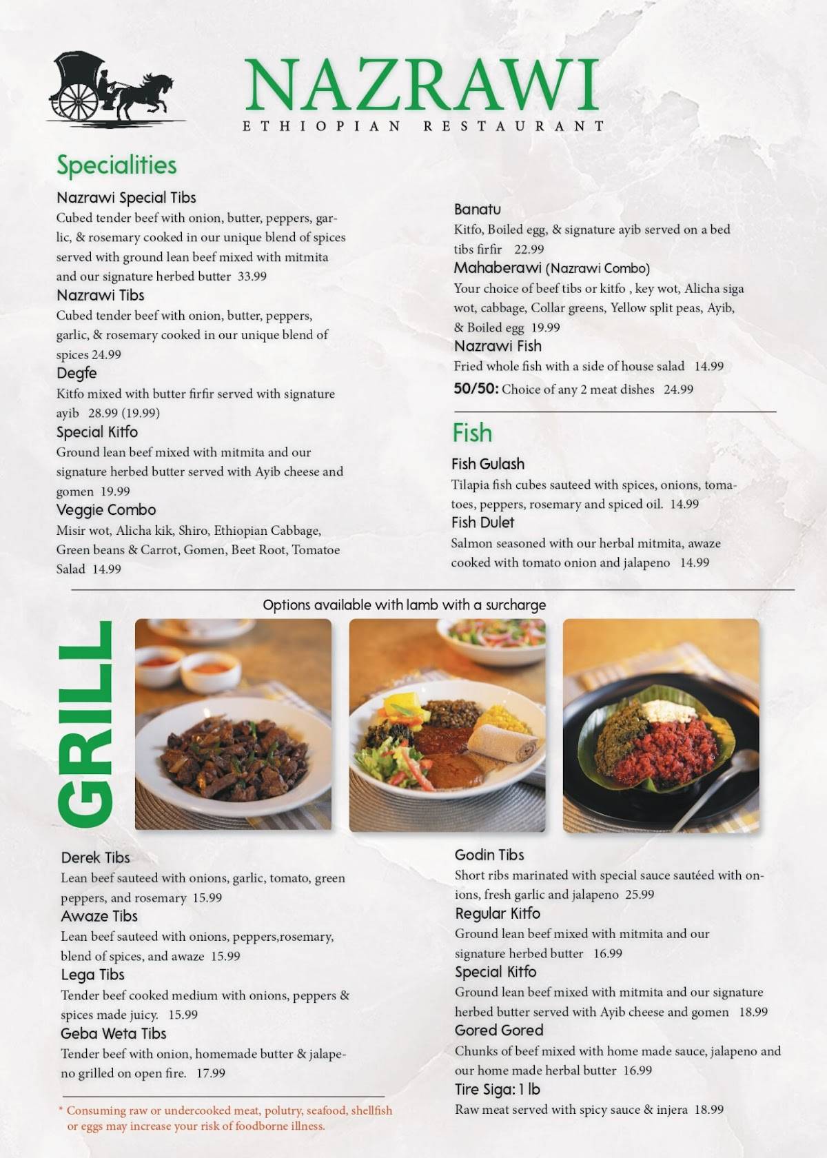 Carta de Nazrawi Ethiopian Restaurant, Silver Spring