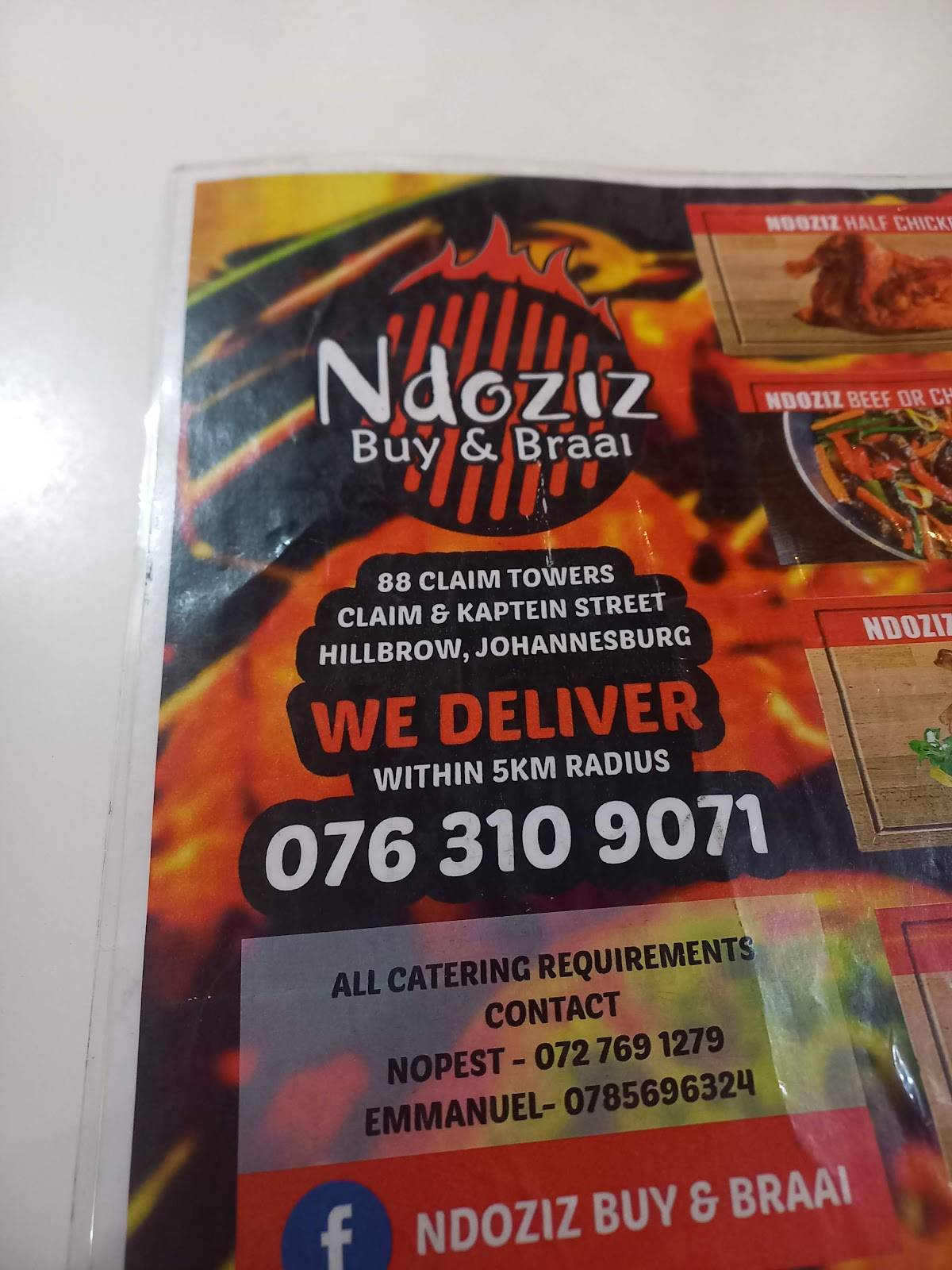Menu at Ndoziz Buy and Braai restaurant, Johannesburg