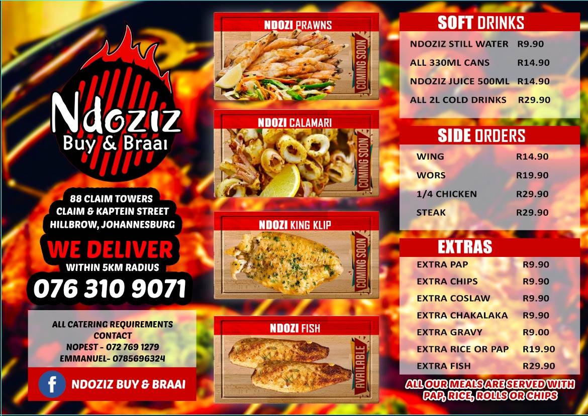 Menu at Ndoziz Buy and Braai restaurant, Johannesburg