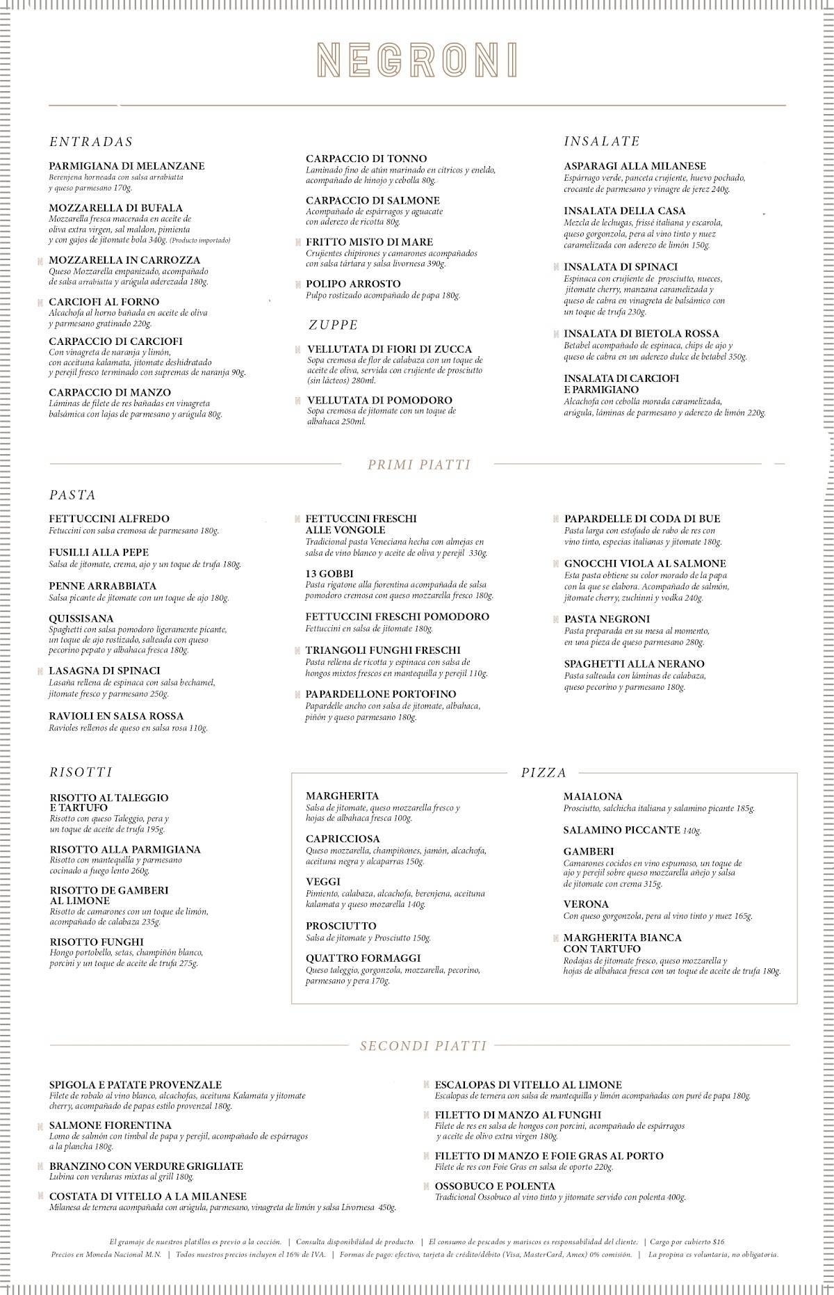 Carta del restaurante Negroni, Ciudad del México