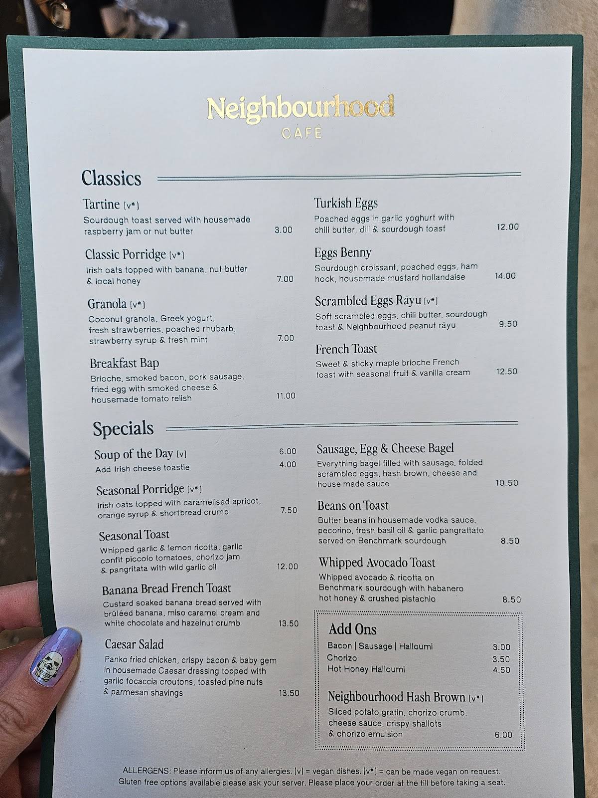Carta de Neighbourhood Cafe, Belfast