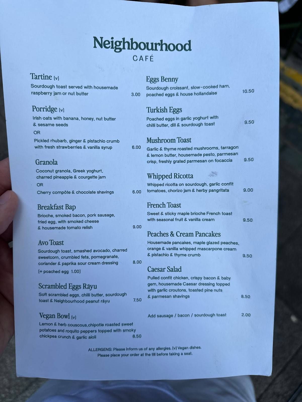 Menu at Neighbourhood Cafe, Belfast