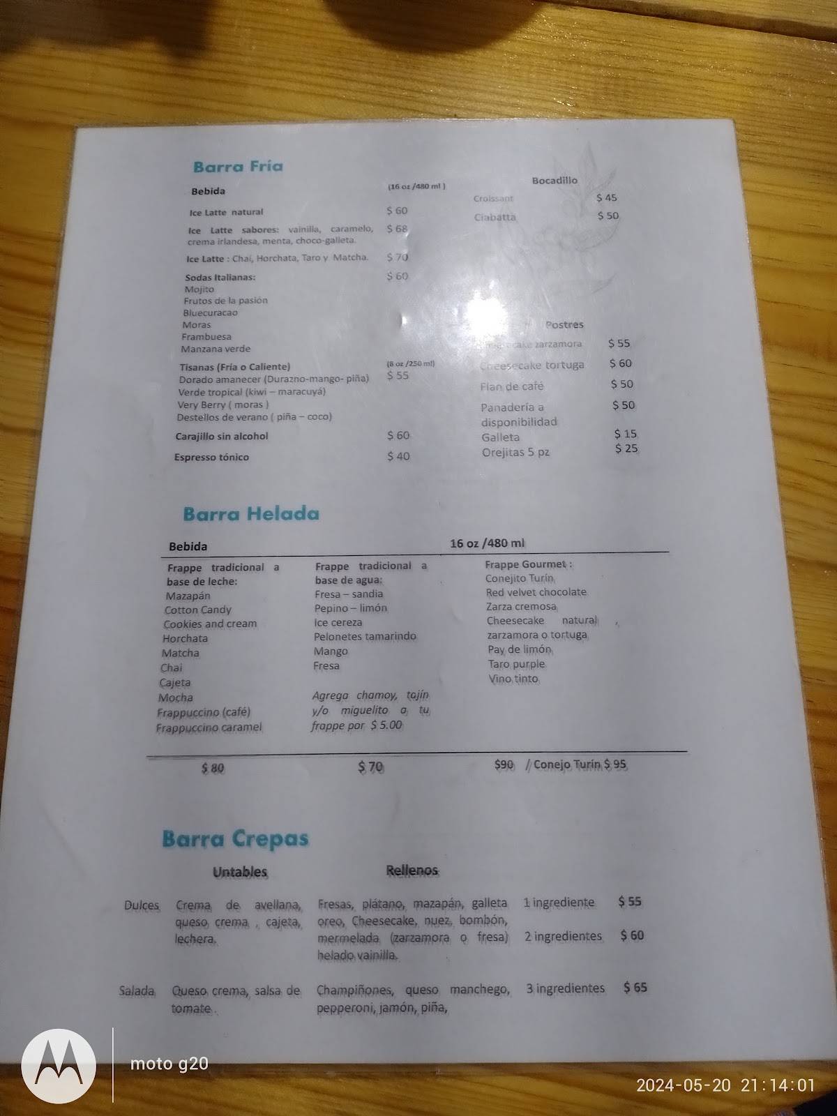 Menu at Nektar Barra de Café, Tierra Blanca
