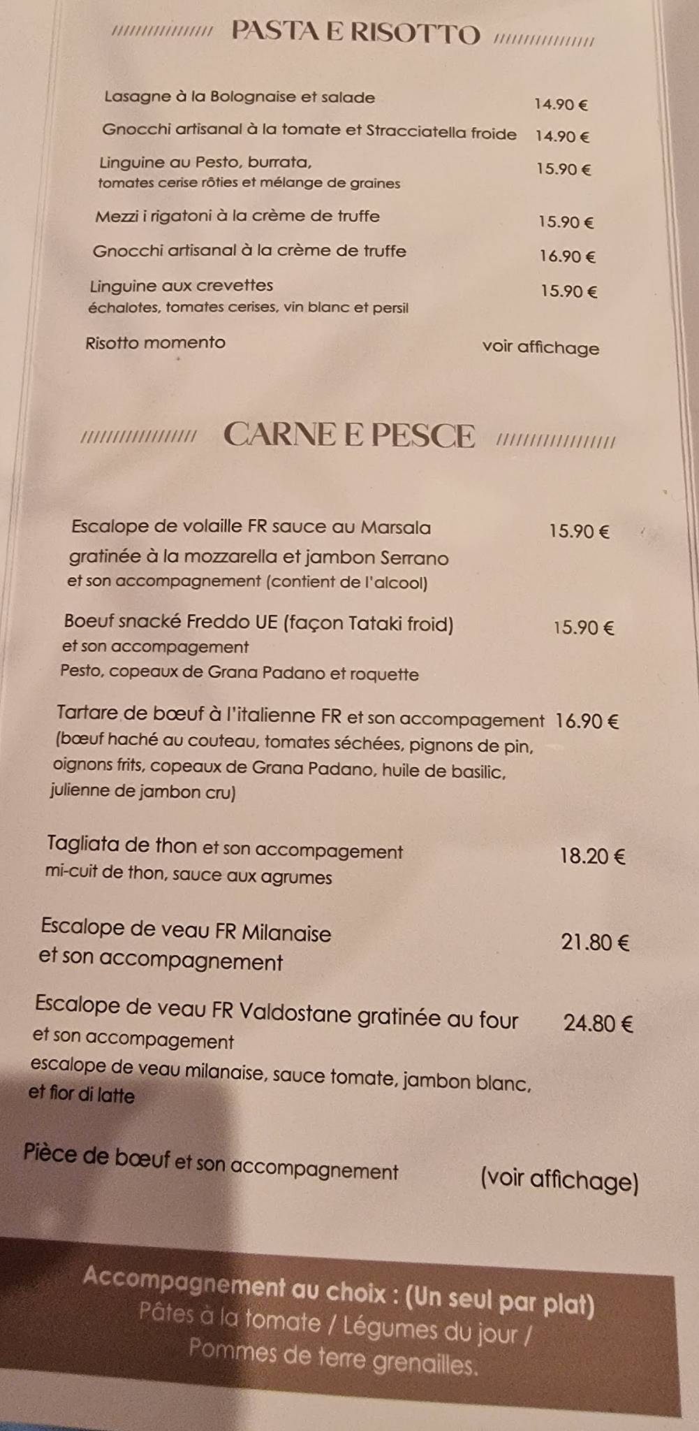 Menu au Nell'Felicità restaurant, Brignais