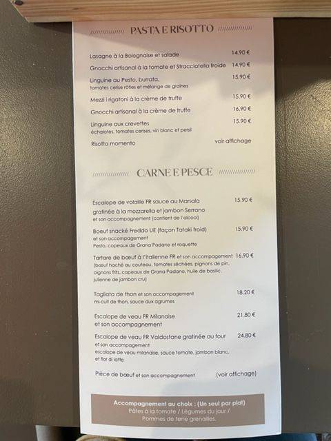Menu au Nell'Felicità restaurant, Brignais
