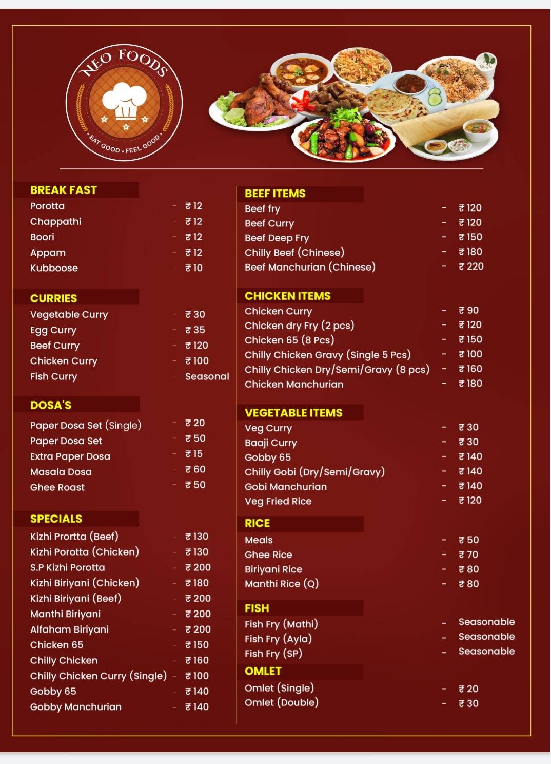 Menu at NEO RESTAURANT KALANADIKKOLLY, Pulpally