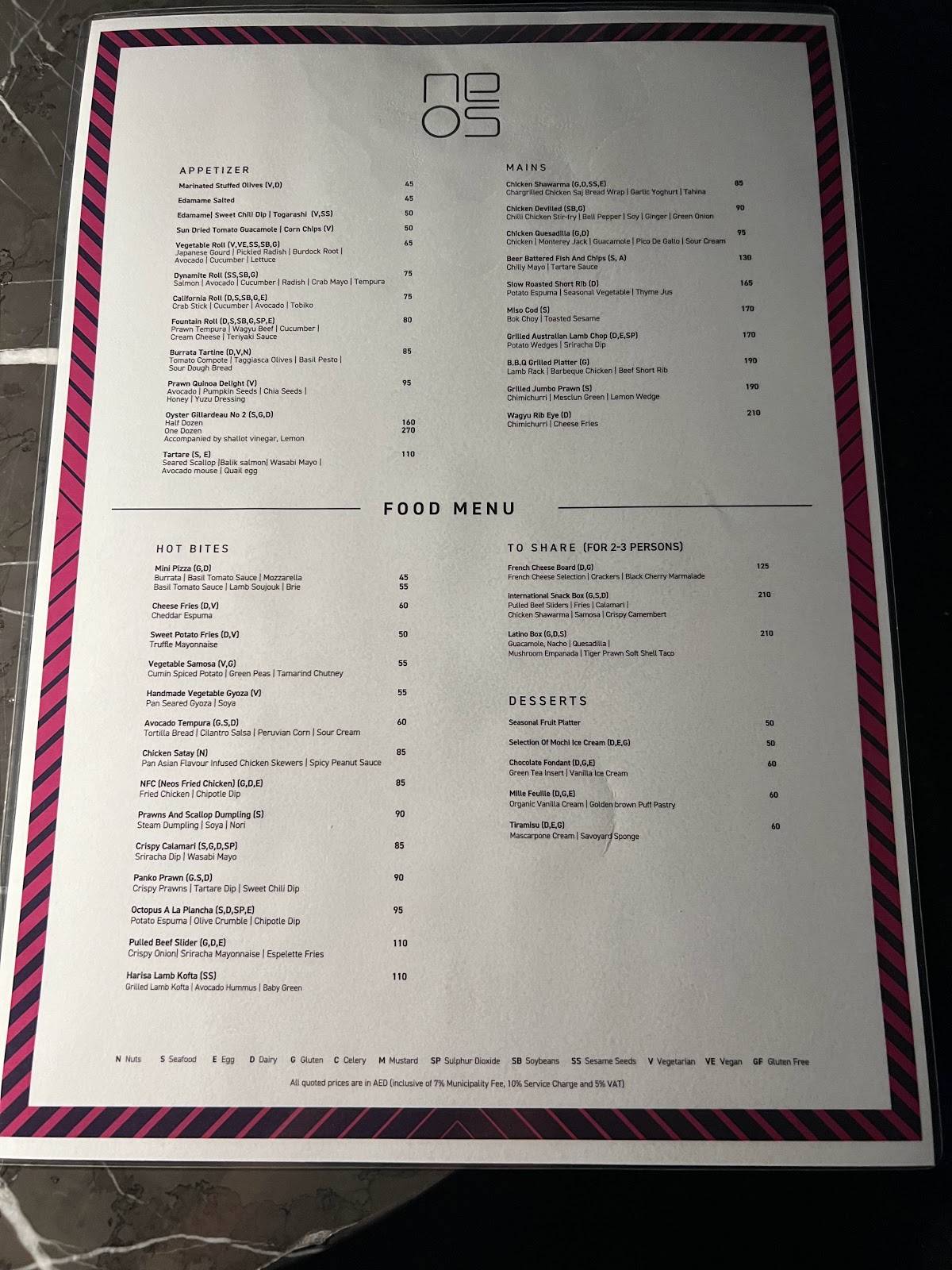 Menu at Neos restaurant, Dubai, 63rd Floor