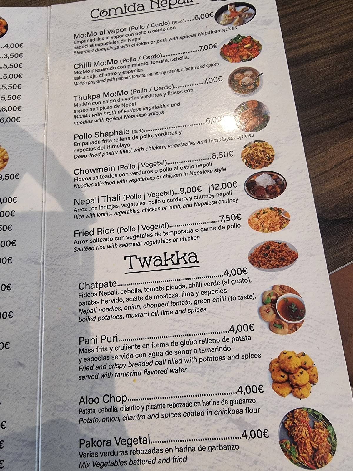 Carta del restaurante Nepali Momo House, Barcelona
