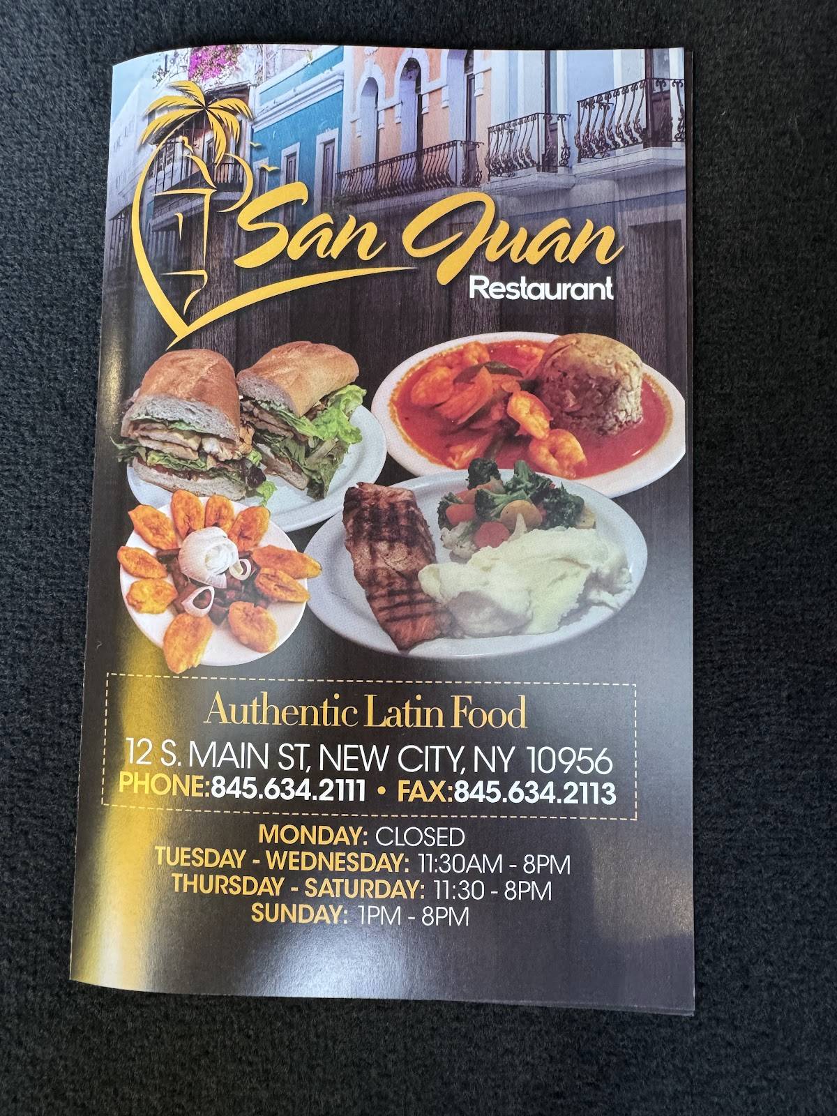 Menu at San Juan restaurant, New City