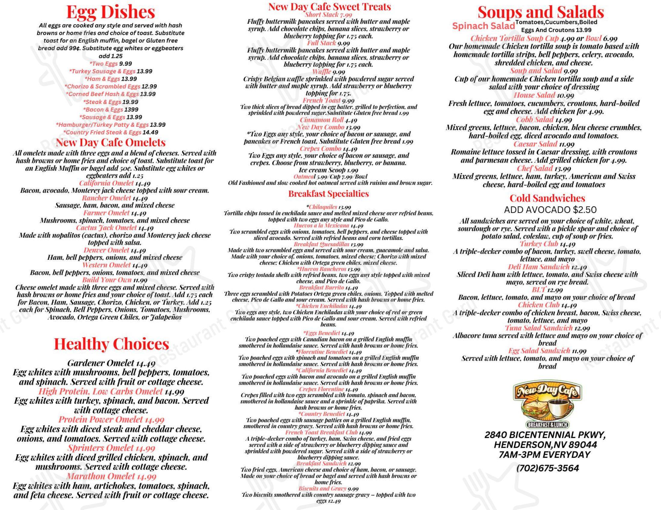 Menu at New Day Cafe, Henderson, Bicentennial Pkwy