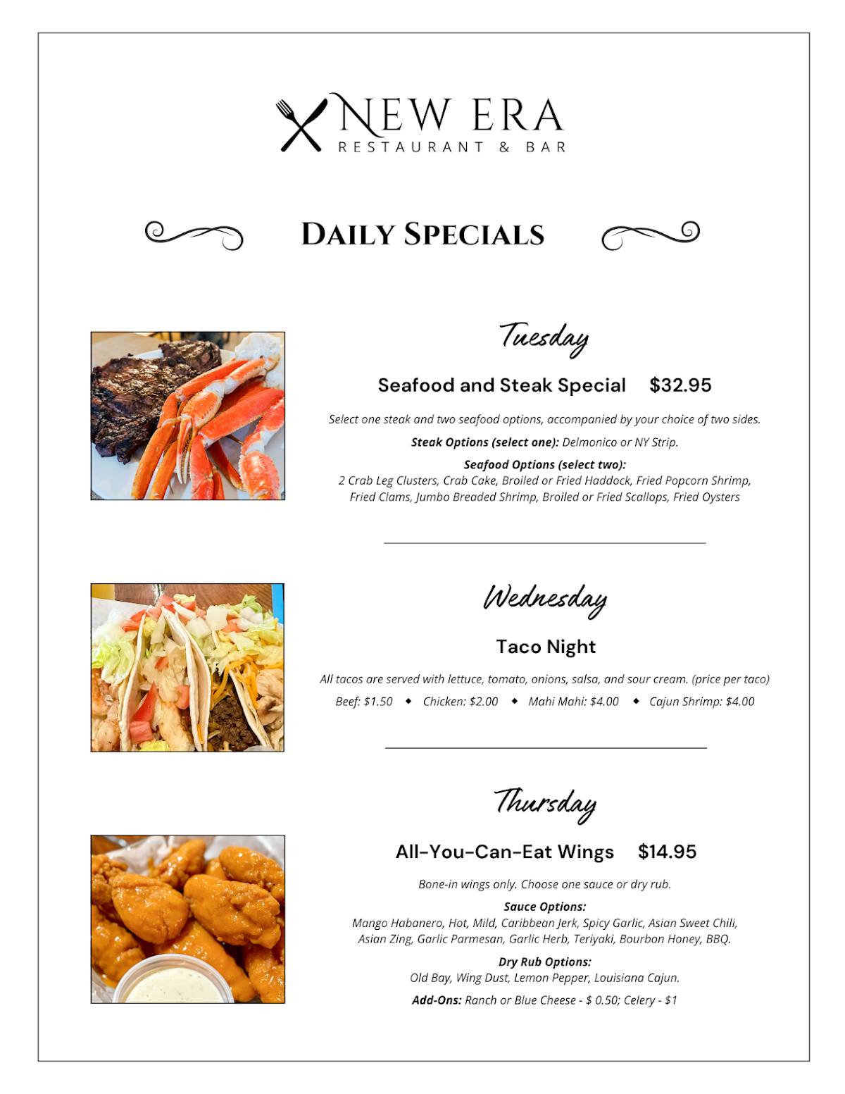 Carta de New Era Restaurant Bar and Motel, Abbottstown