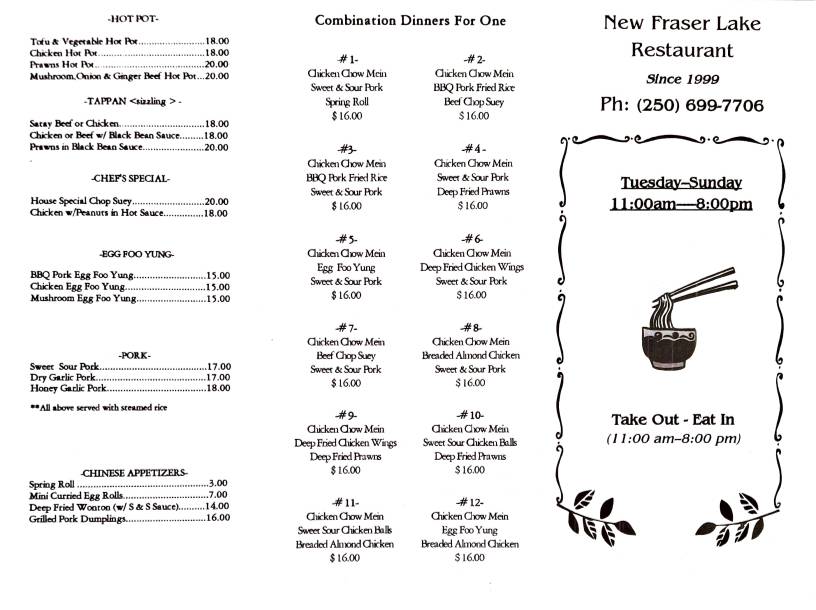 Menu at New Fraser Lake Restaurant, Fraser Lake, 436 McMillan Ave