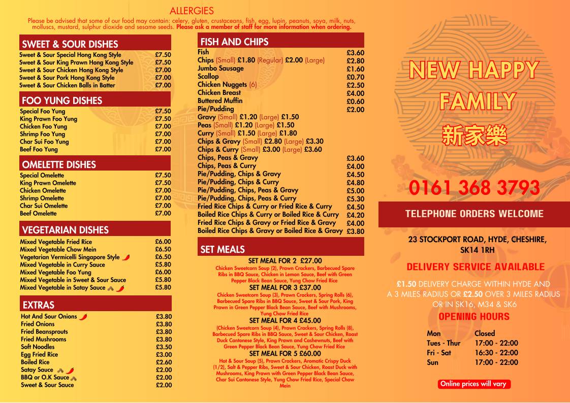 Menu at New Happy Family Chinese Takeaway fast food, Hyde