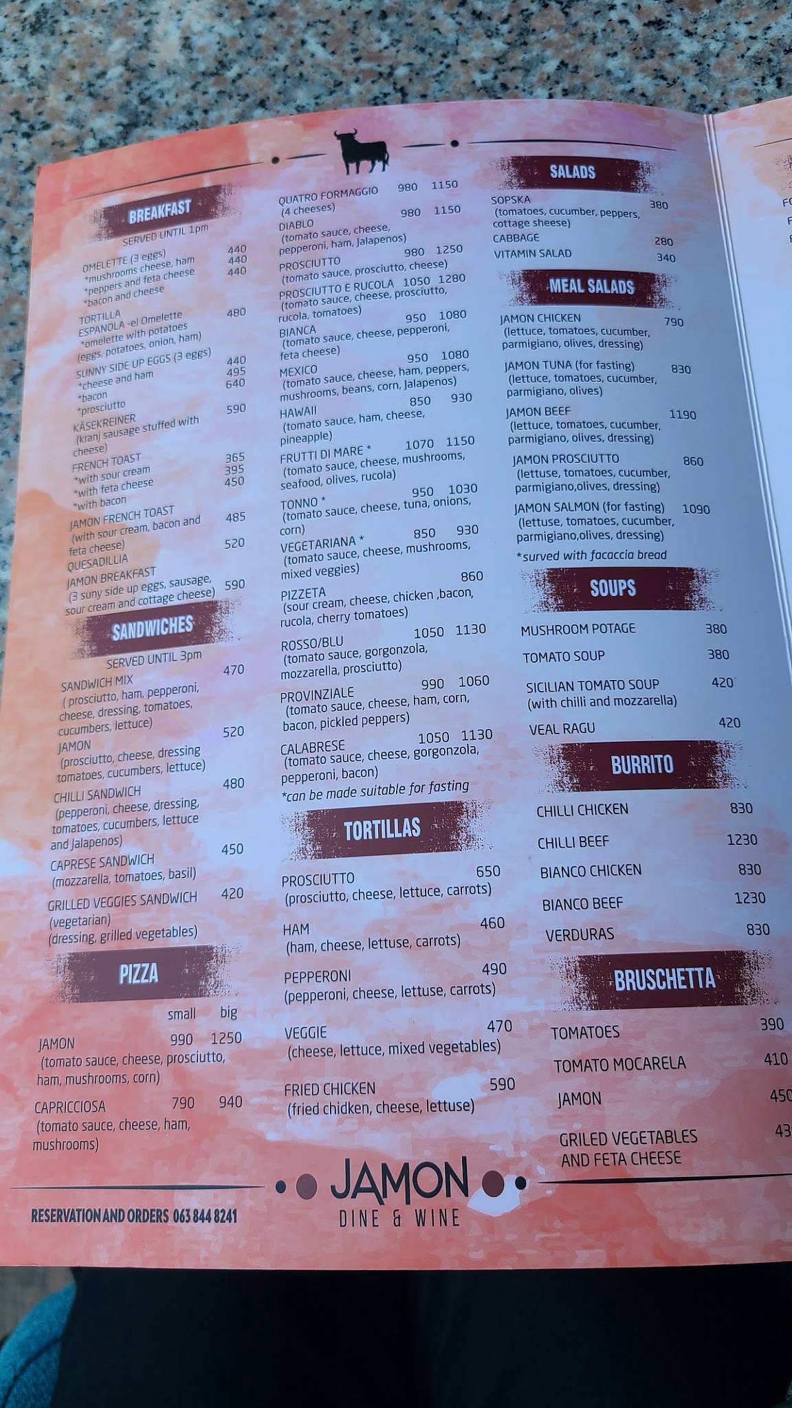 Menu at New Jamon restaurant, Novi Sad, Trg Neznanog junaka 21000